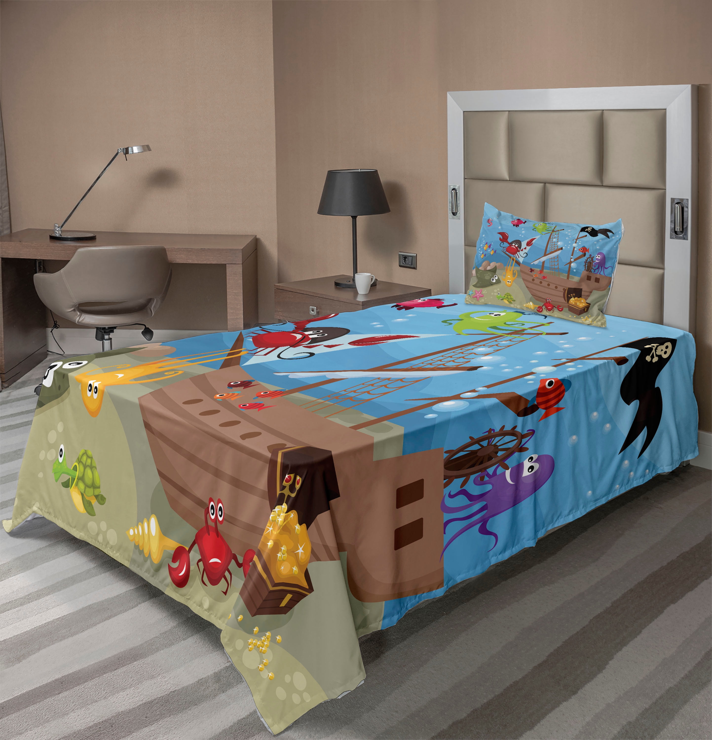 Ambesonne Pirate Fitted & Top Sheet Set with Sham, Ship Underwater ...