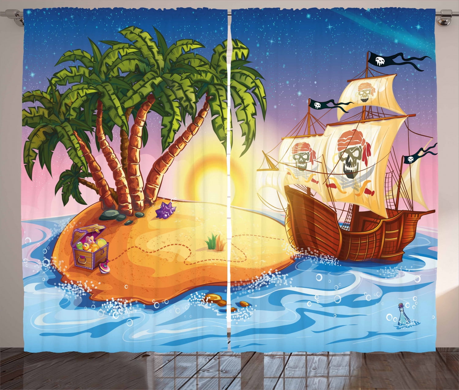 Ambesonne Pirate Ship Curtains 2 Panel Set, Exotic Sea Island, 108" x ...
