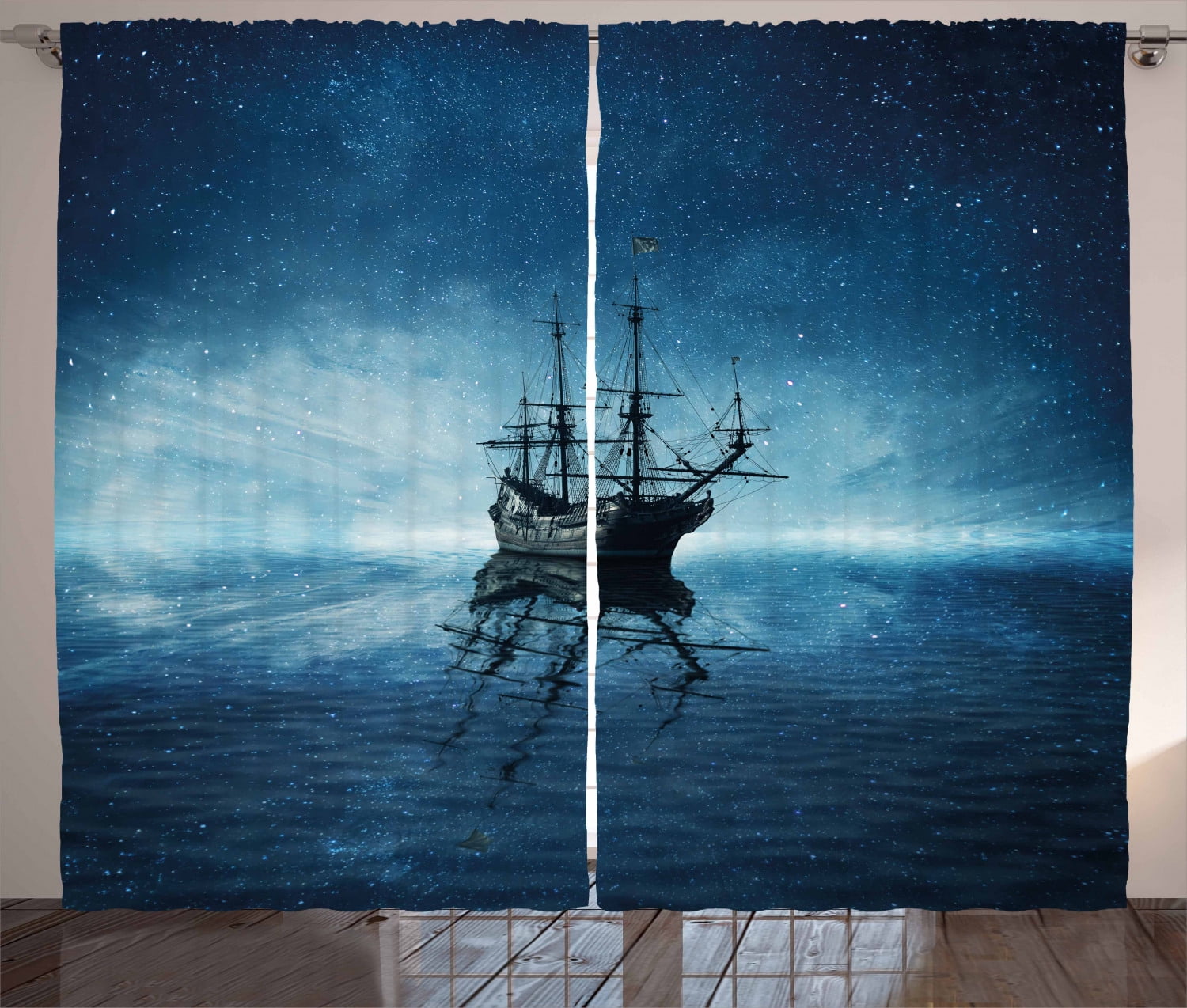 Ambesonne Pirate Ship Curtains 2 Panel Set, Night Sky Ocean, 108" x 90 ...