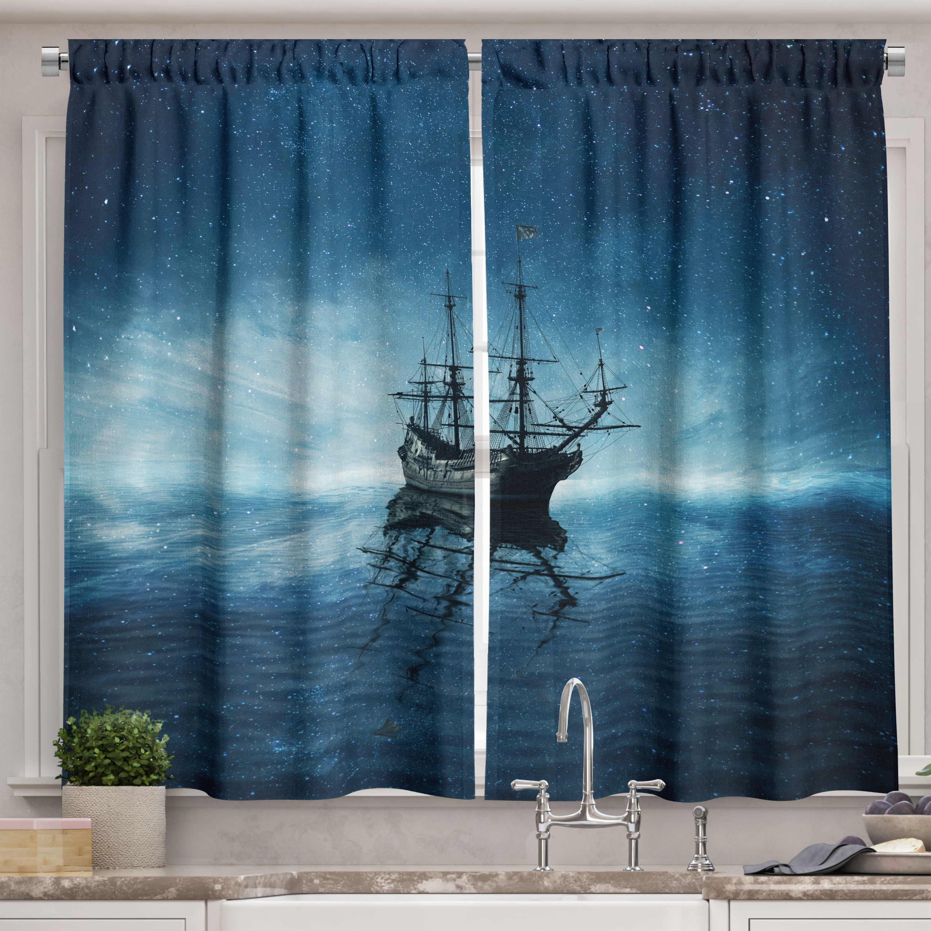 Ambesonne Pirate Ship Kitchen Curtains, Night Sky Ocean, 55"x45", Pale ...
