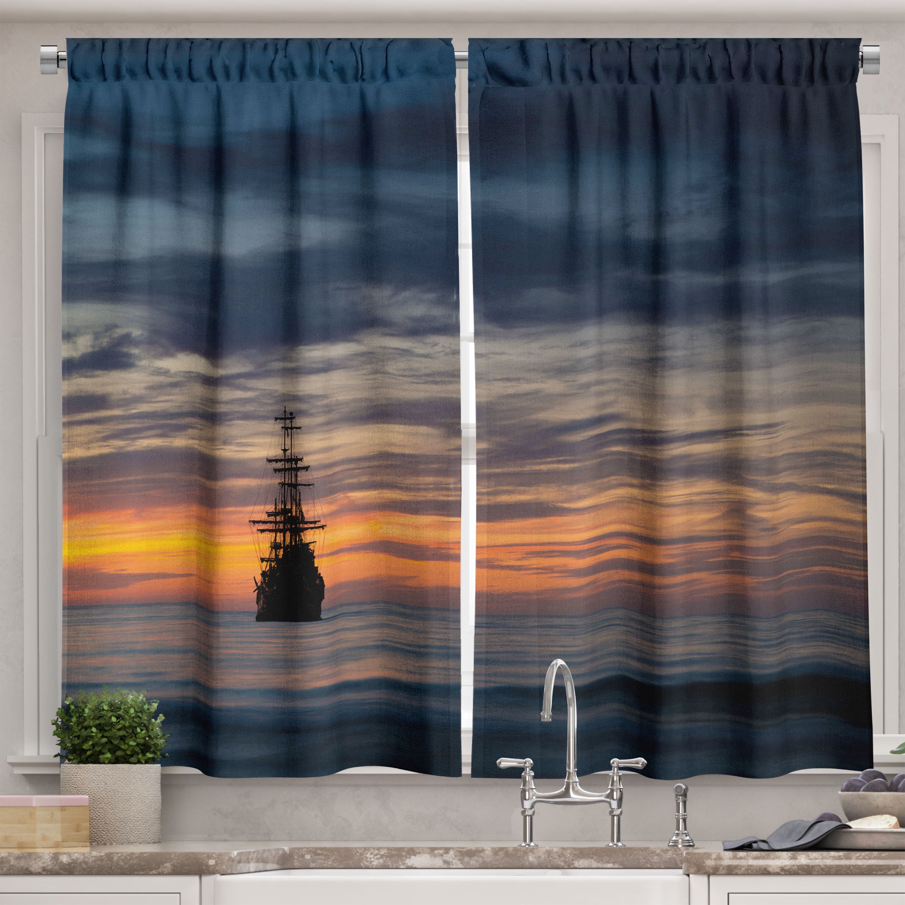 Ambesonne Pirate Ship Kitchen Curtains, Old Sailboat Marine, 55"x39 ...