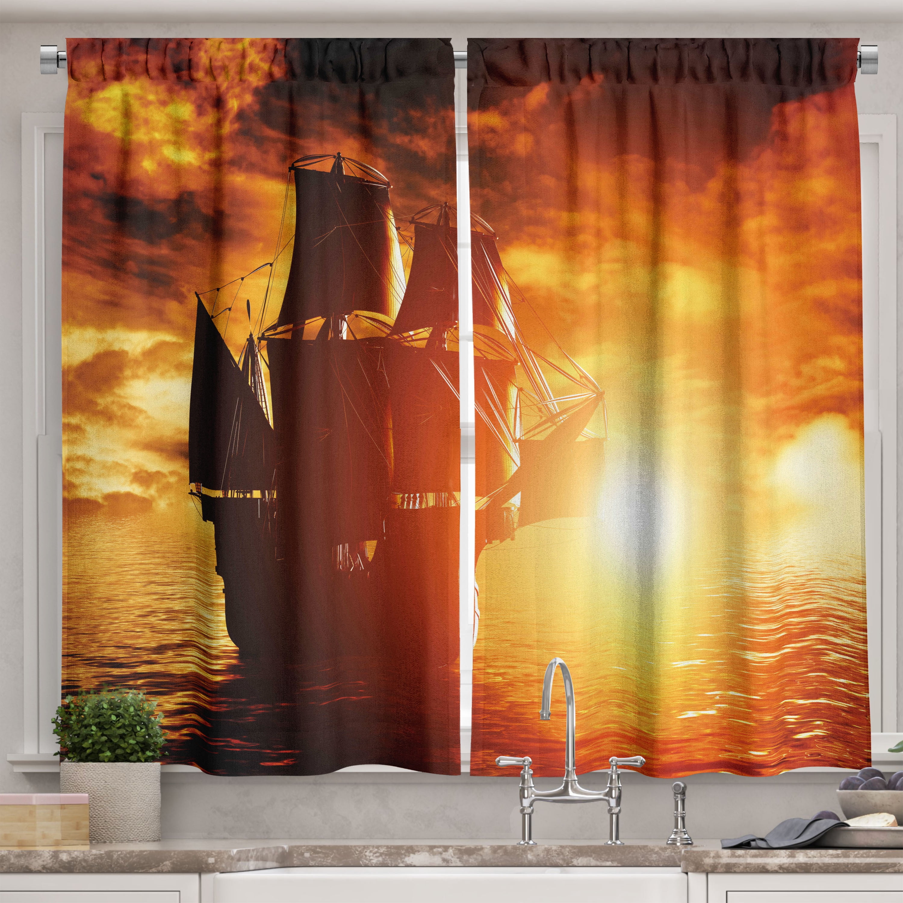 Ambesonne Pirate Ship Kitchen Curtains, Ship Sunset, 55"x45", Orange ...