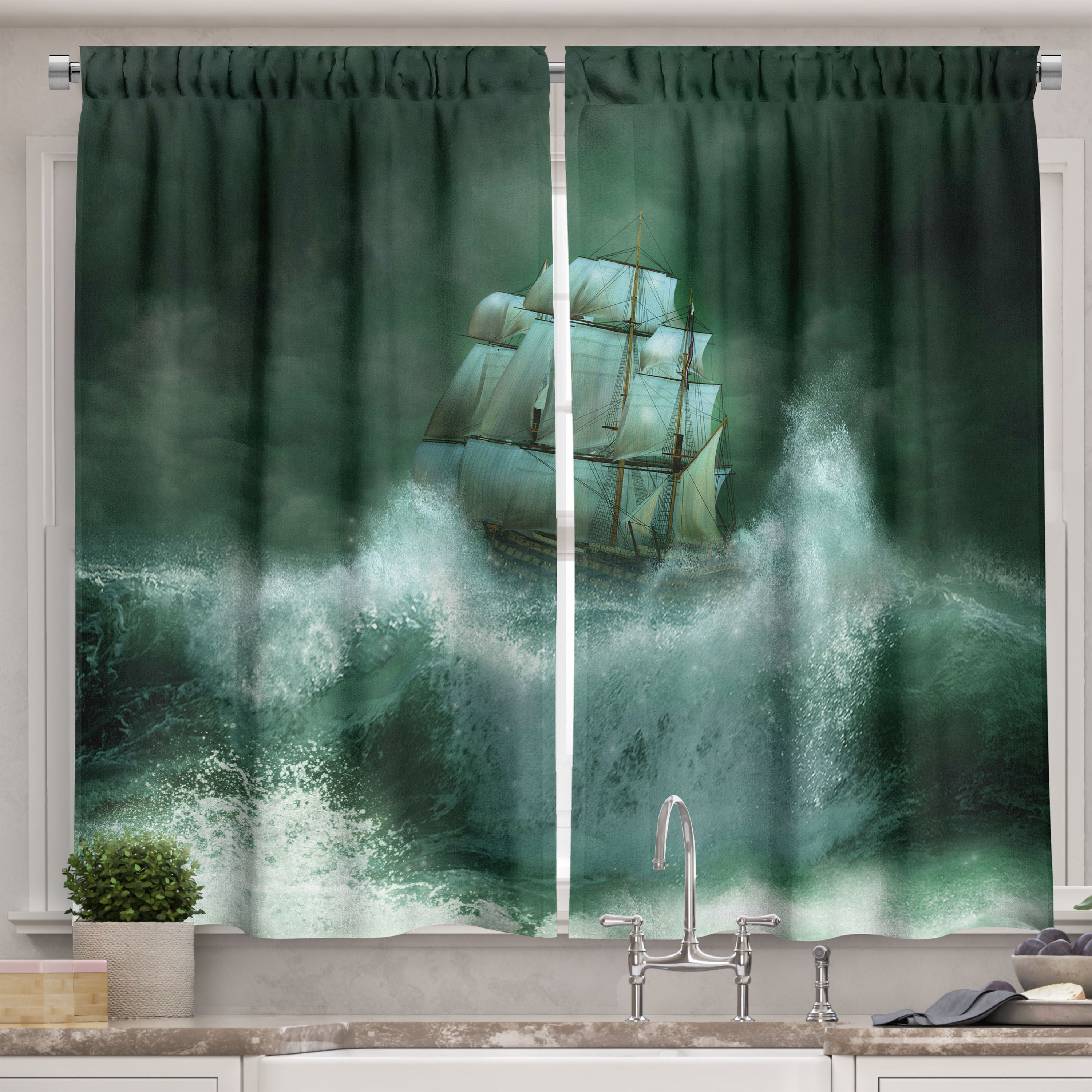 Ambesonne Pirate Ship Kitchen Curtains, Thunderstorm Art, 55"x45", Jade ...