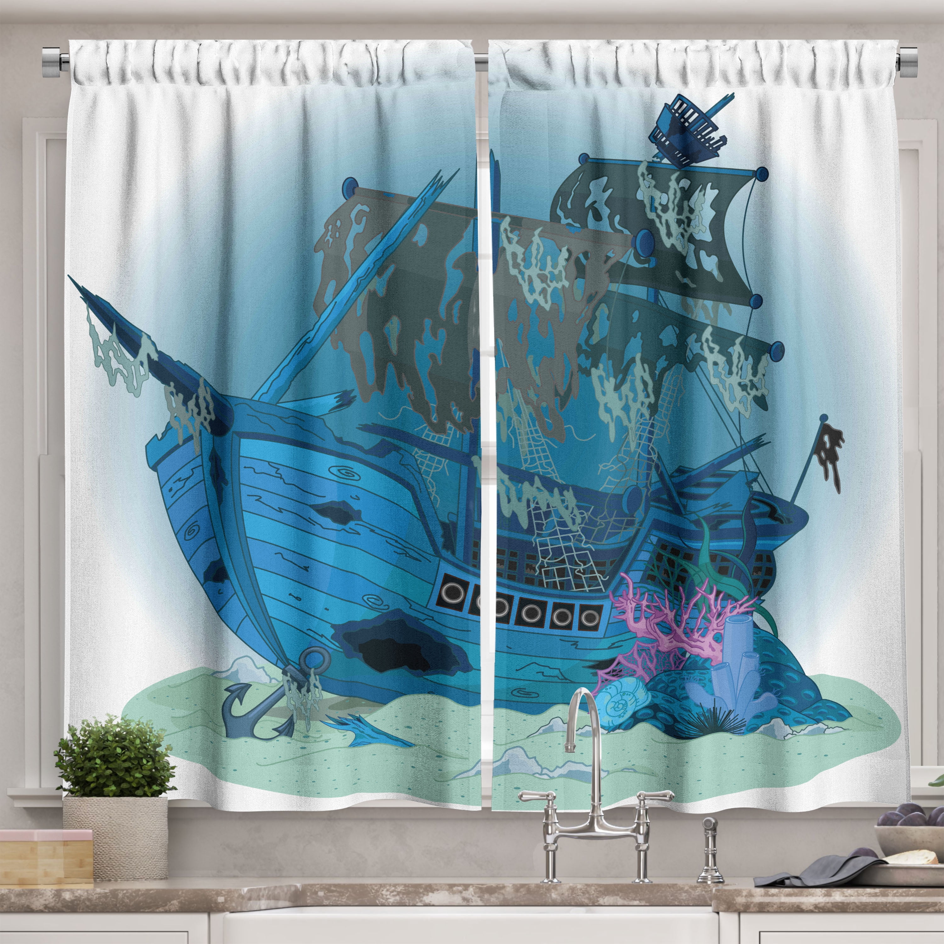 Ambesonne Pirate Ship Kitchen Curtains, Underwater Antique, 55"x39 ...