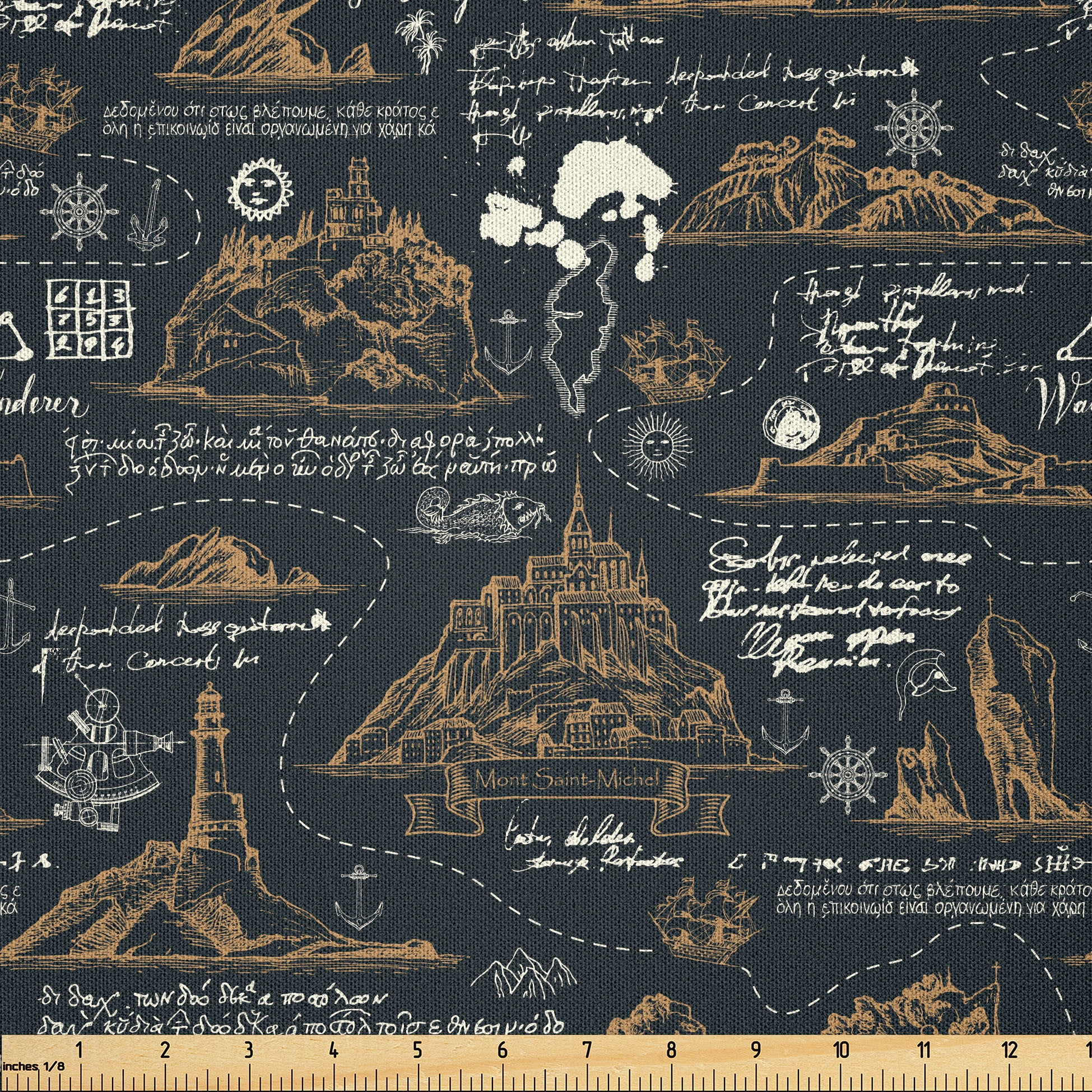 Ambesonne Pirate Theme Fabric by the Yard Microfiber, Map with ...