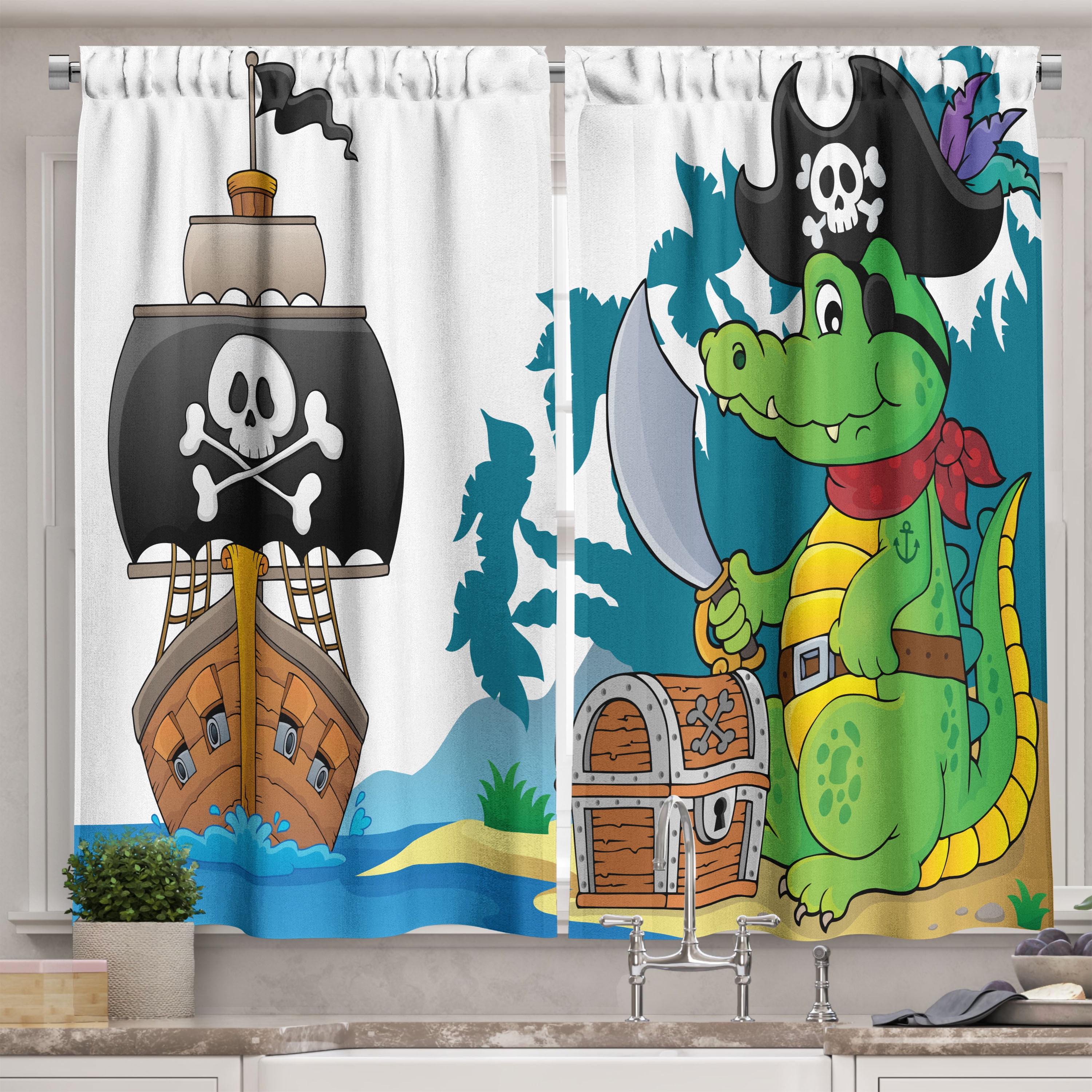 Ambesonne Pirate Theme Kitchen Curtains, One-Eyed Crocodile, 55"x45 ...