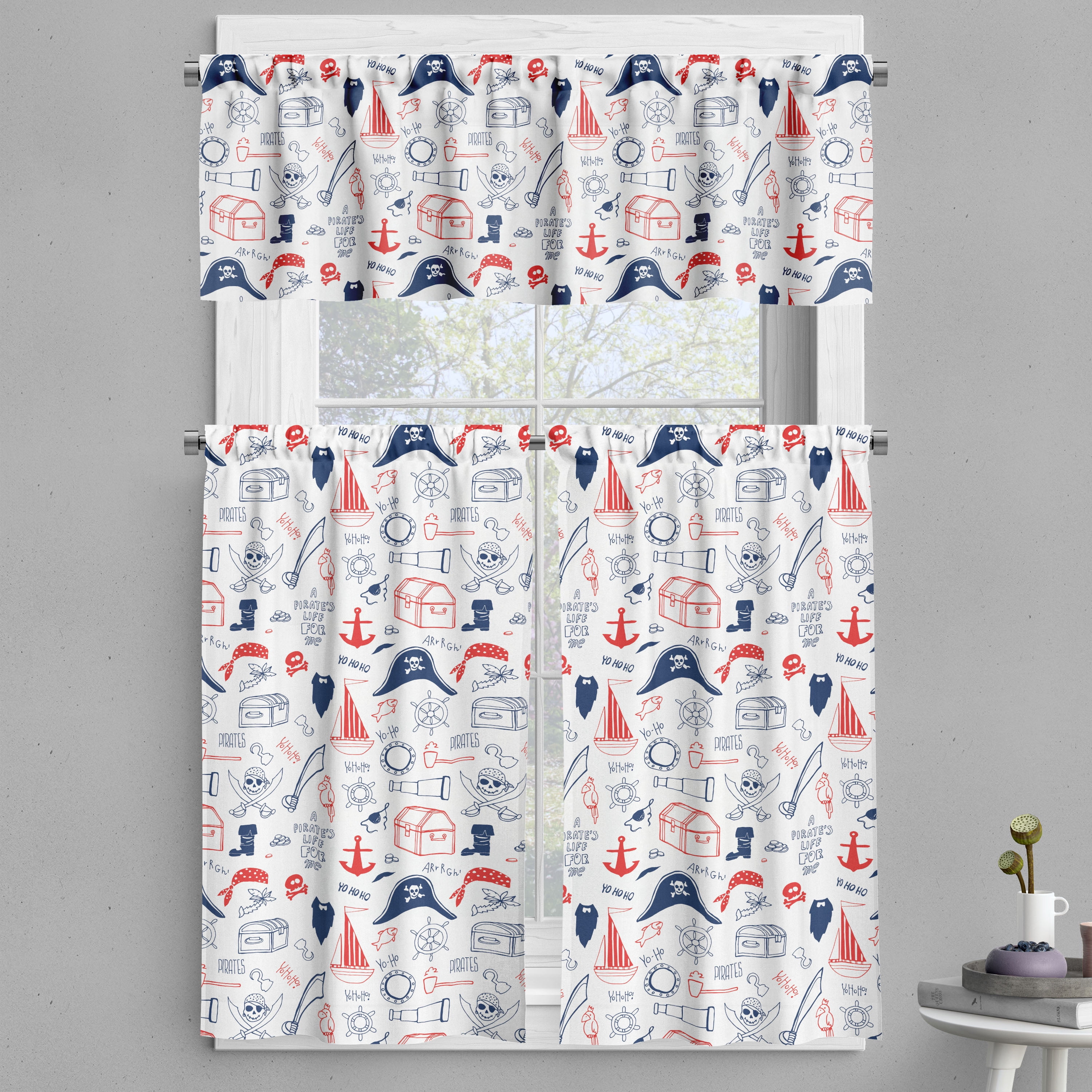 Ambesonne Pirates Valance & Curtain, Hand Drawn Sailor Theme, 55"x45 ...