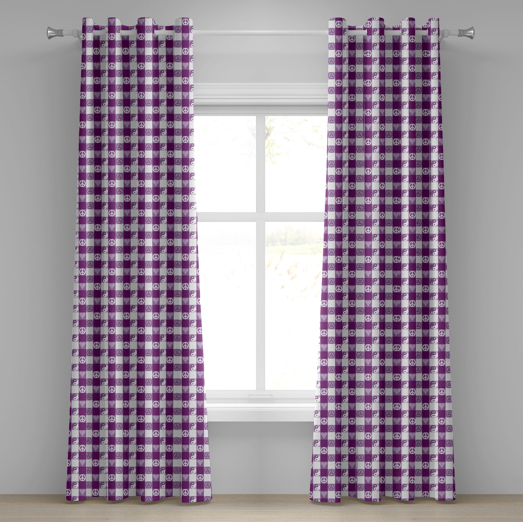 Ambesonne Plaid Grommet Curtain, Yin Yang Hearts Peace, 50" x 96 ...