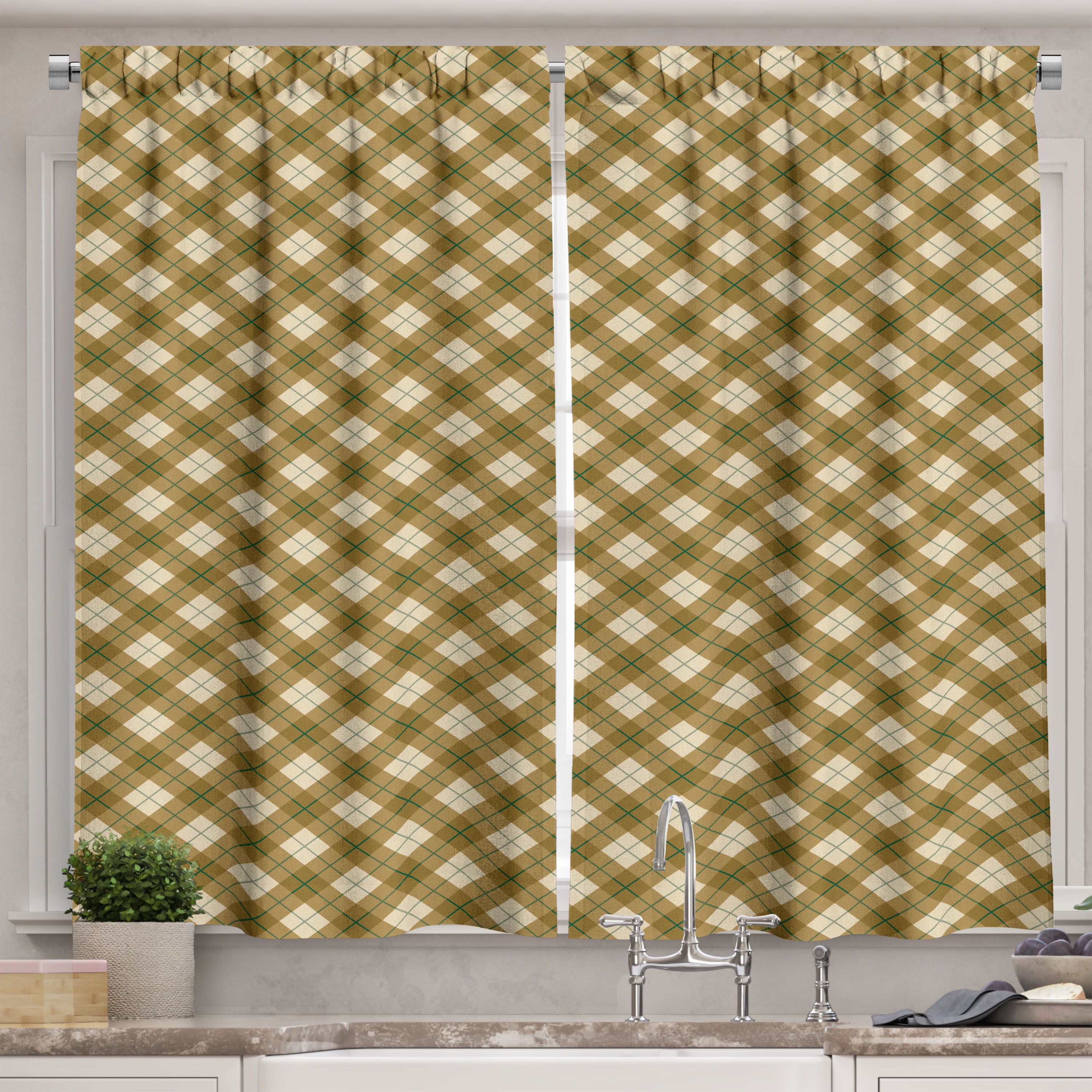 Ambesonne Plaid Kitchen Curtains, Brown Diagonal Retro, 55"x39", Pale ...