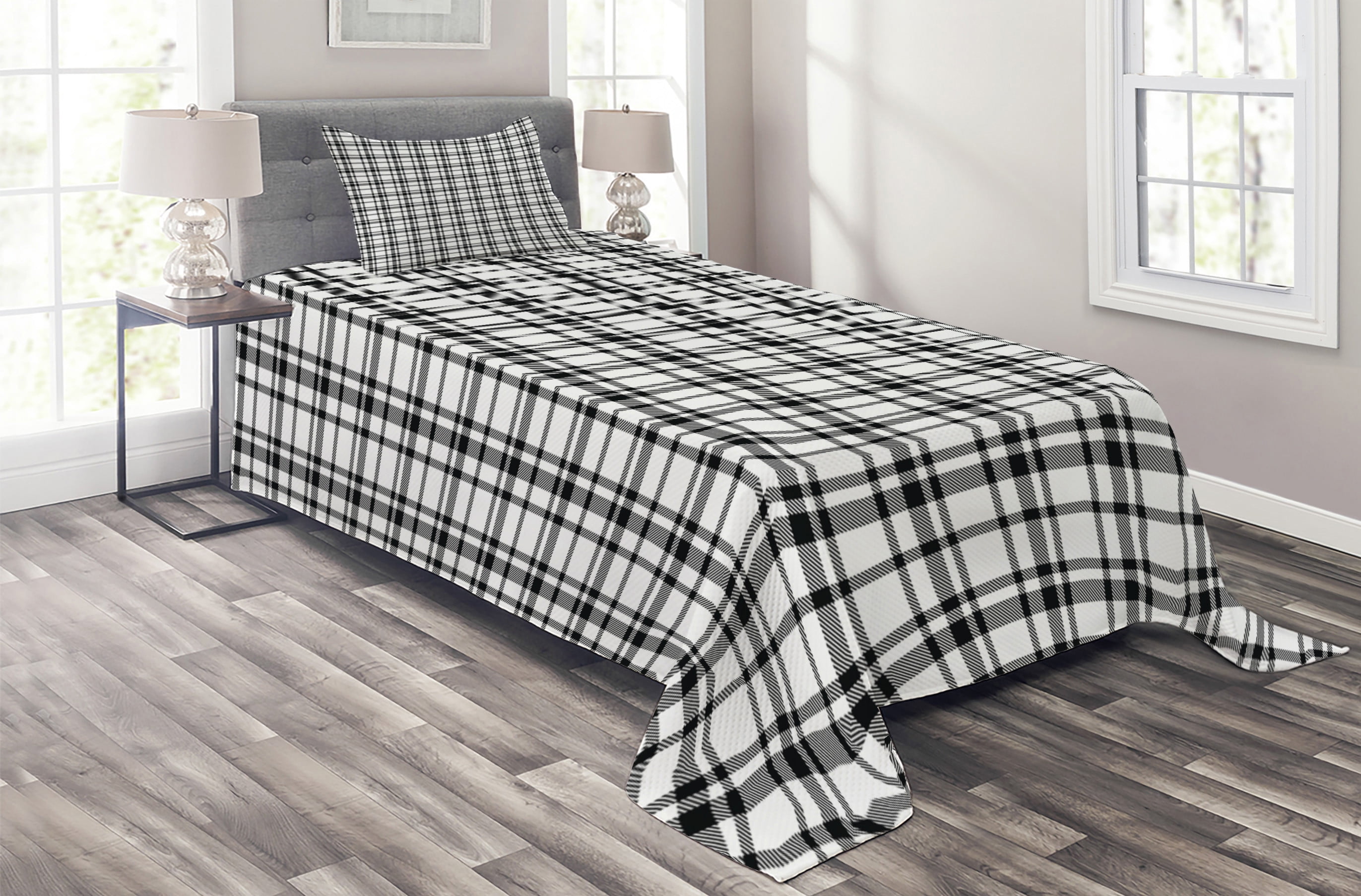 Ambesonne Plaid Quilted Coverlet 2 Pcs, Black and White Grid, Twin Size ...