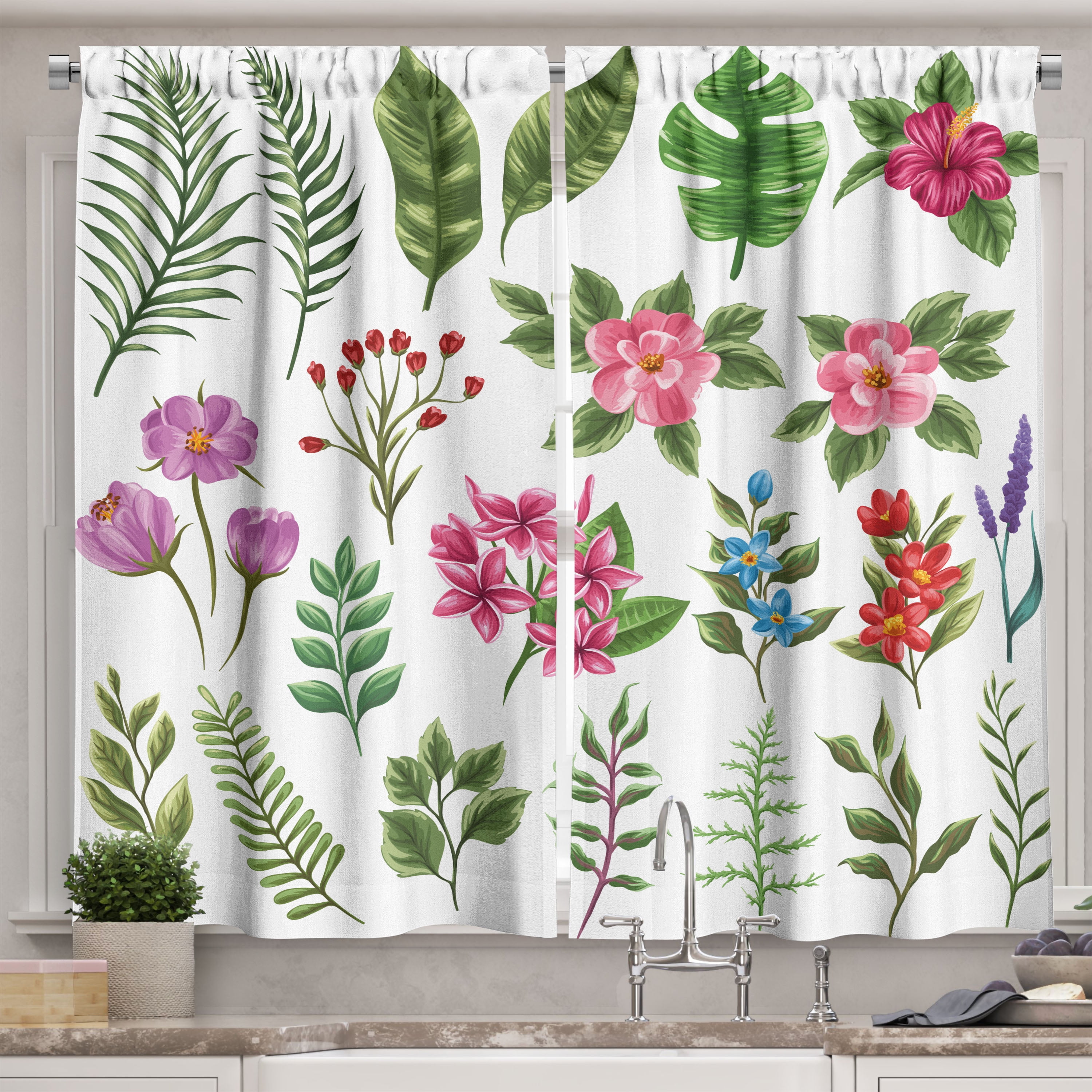Ambesonne Plant Kitchen Curtains, Exotic Flowers and Ferns, 55"x39 ...