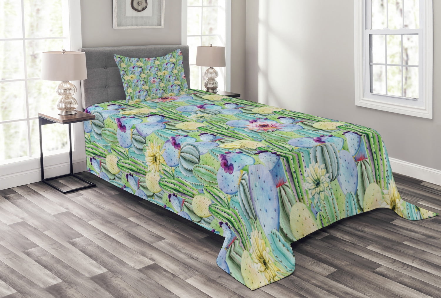 Ambesonne Plant Quilted Bedspread Set 2 Pcs, Cactus Buds Types Pattern ...