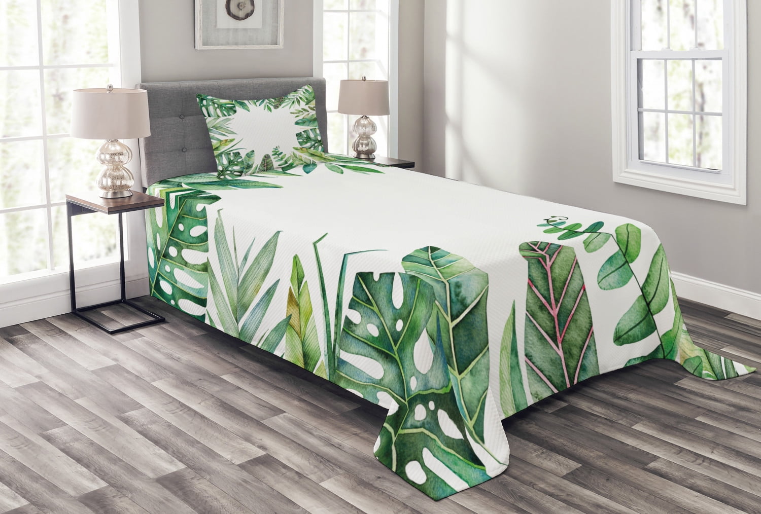 Ambesonne Plant Quilted Bedspread Set 2 Pcs, Jungle Themed Picture ...