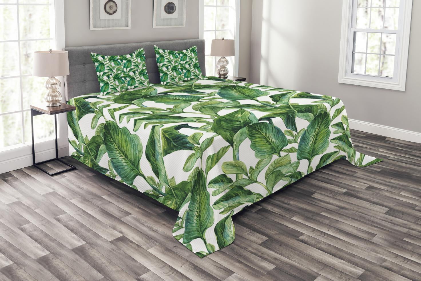 Ambesonne Plant Quilted Bedspread Set 3 Pcs, Equatorial Leaves, King ...
