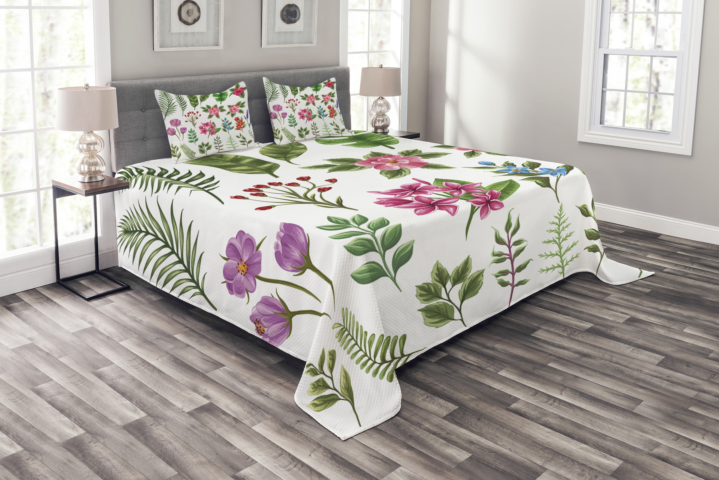 Ambesonne Plant Quilted Bedspread Set 3 Pcs, Exotic Flowers and Ferns ...