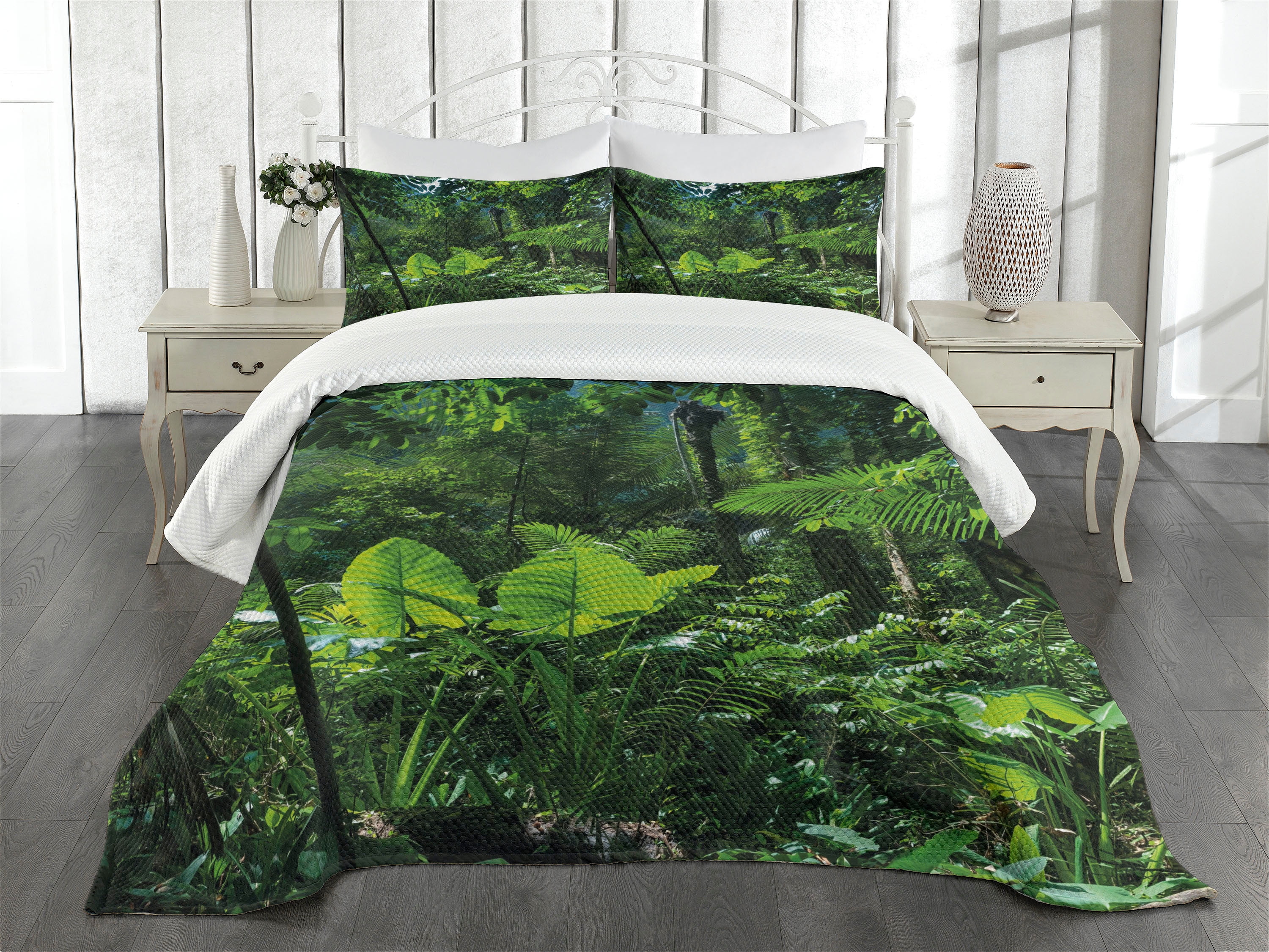 Ambesonne Plant Quilted Bedspread Set 3 Pcs, Green Untouched Nature ...