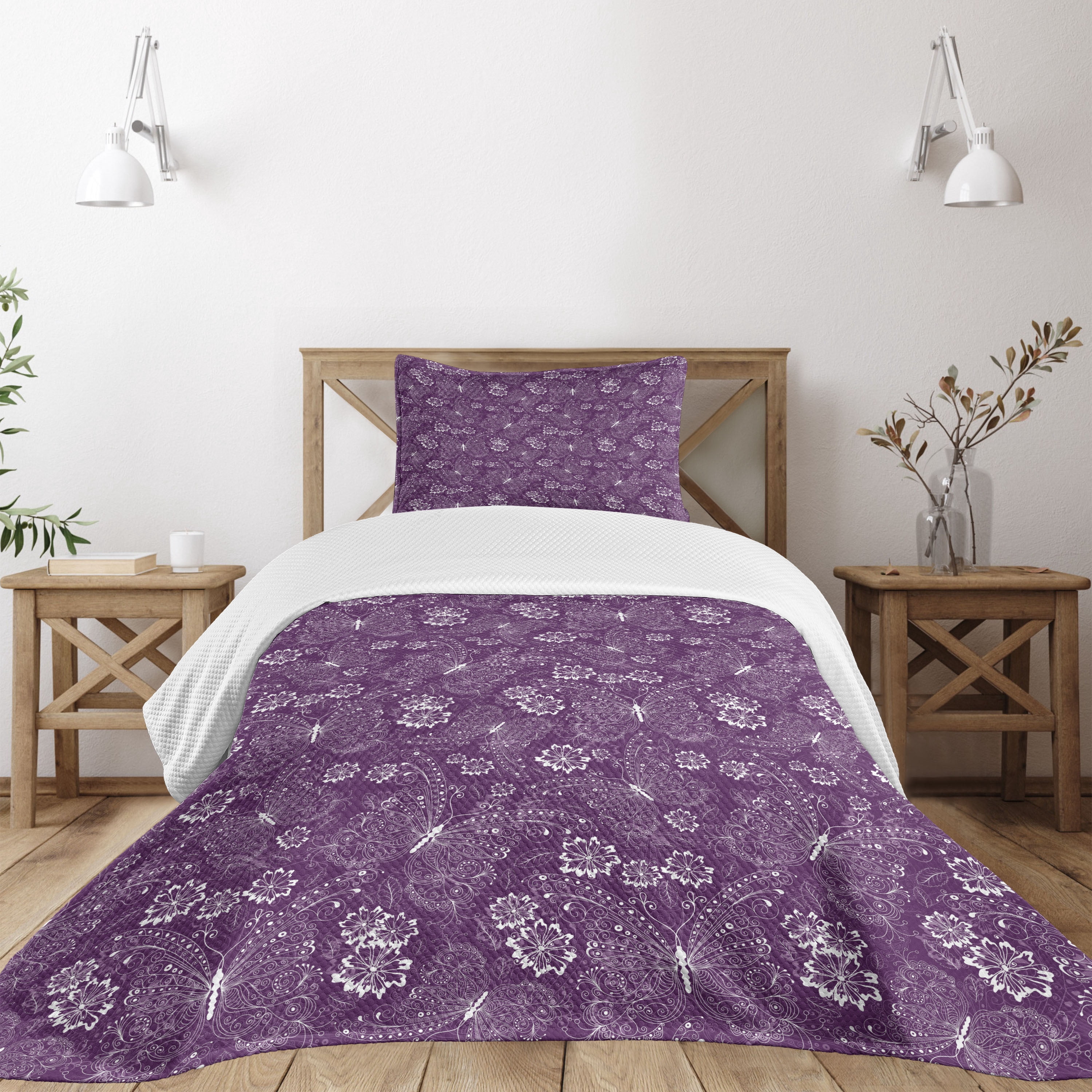 Ambesonne Plum Quilted Bedspread Set 2 Pcs, Vintage Style Flowers, Twin ...