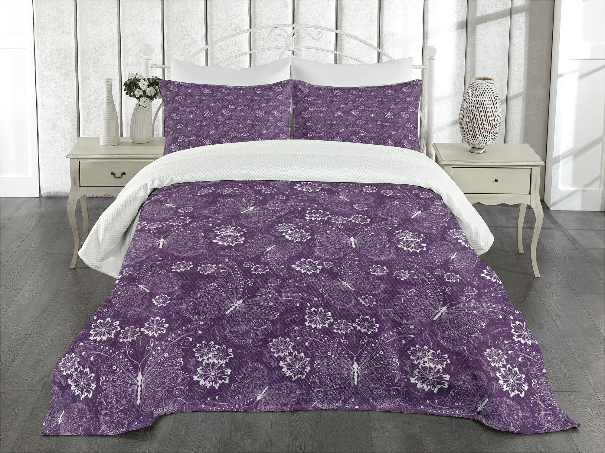 Ambesonne Plum Quilted Bedspread Set 3 Pcs, Vintage Style Flowers, King ...