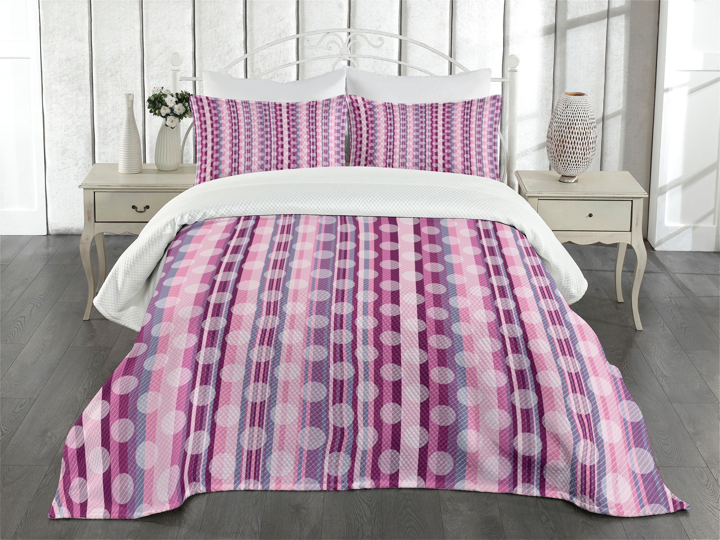 Ambesonne Polka Dot Quilted Bedspread Set 3 Pcs, Stripes Retro Style ...