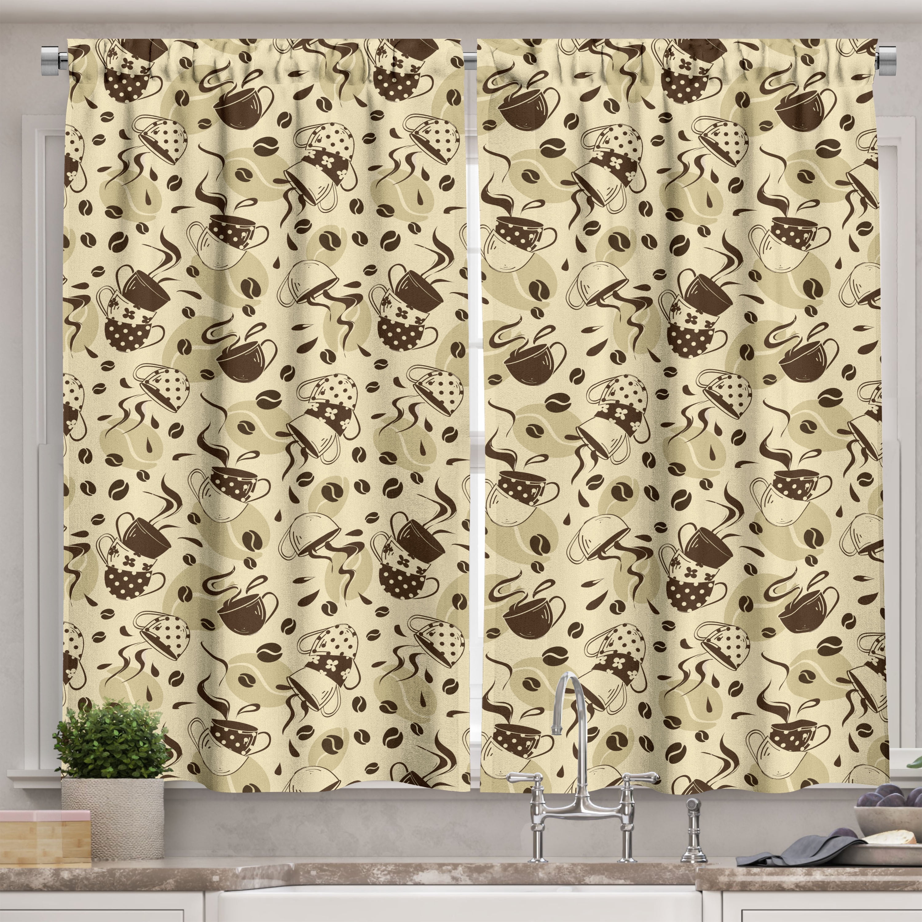 Ambesonne Polka Dots Kitchen Curtains, Brown Coffee Cups, 55"x39 ...