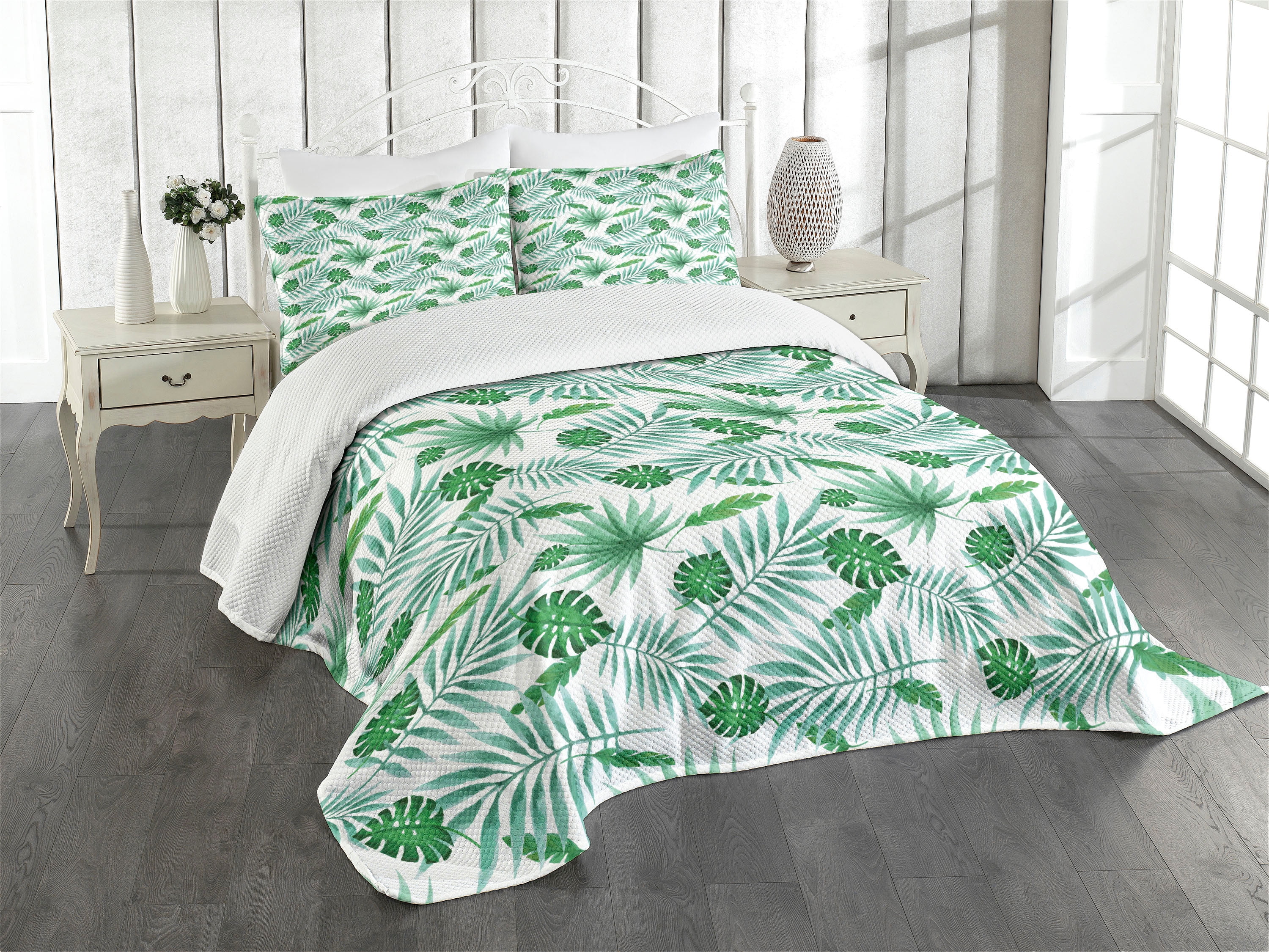 Ambesonne Polynesian Quilted Bedspread Set 3 Pcs, Watercolor Leafage, King Size, Green and ...