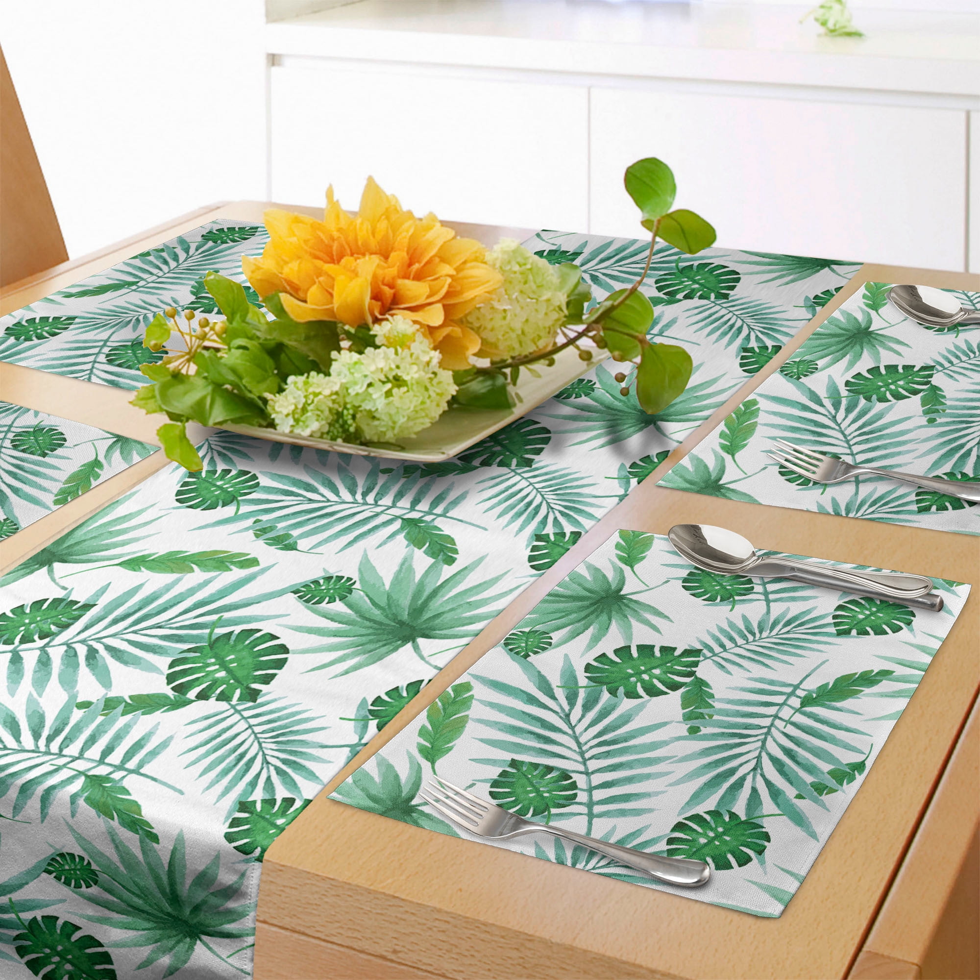 Ambesonne Polynesian Table Runner & Placemats, Watercolor Leafage, Placemat 4 pcs + Runner 12 ...