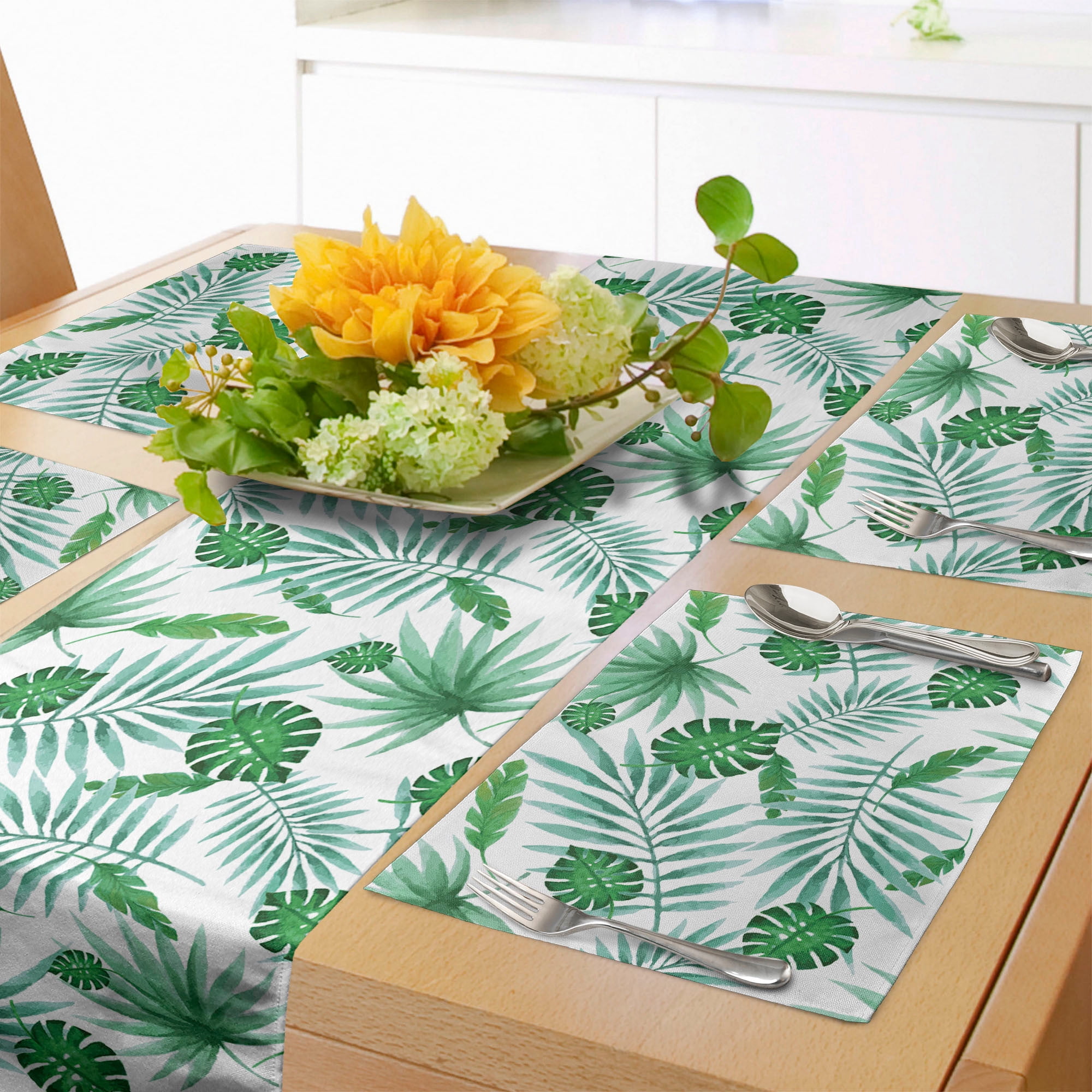 Ambesonne Polynesian Table Runner & Placemats, Watercolor Leafage ...