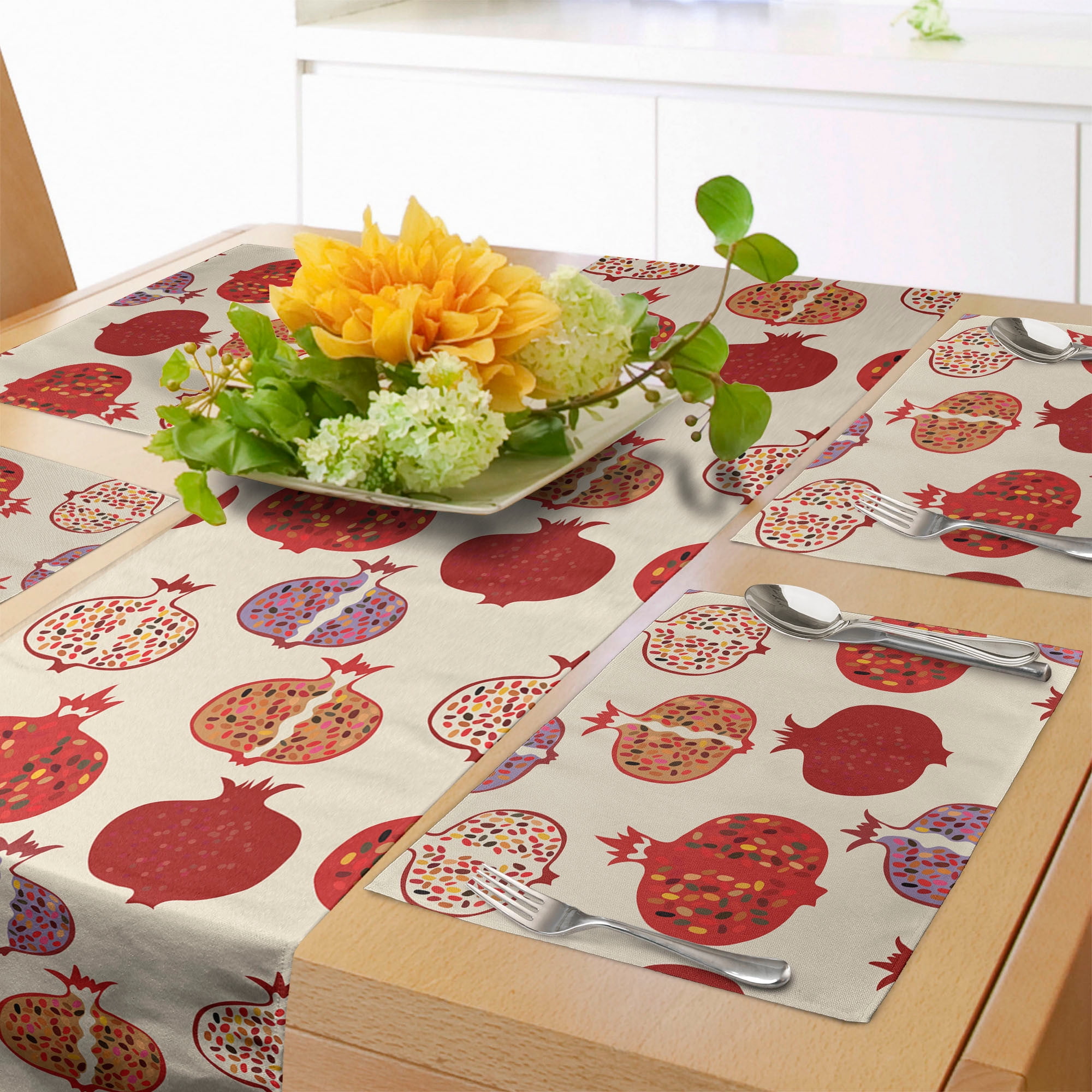 Ambesonne Pomegranate Table Runner & Placemats, Spotty Fruit Pattern, Placemat 4 pcs + Runner 16 ...