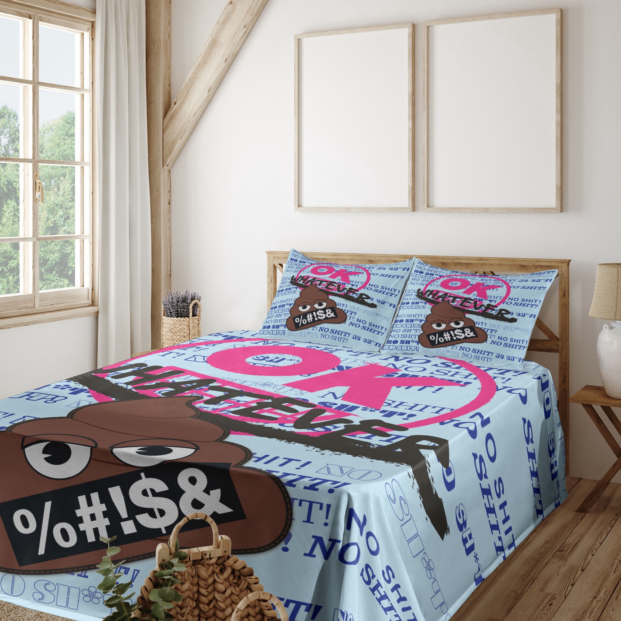 Ambesonne Poop Emoji Fitted & Top Sheet Set with Sham, Angry Pile of ...