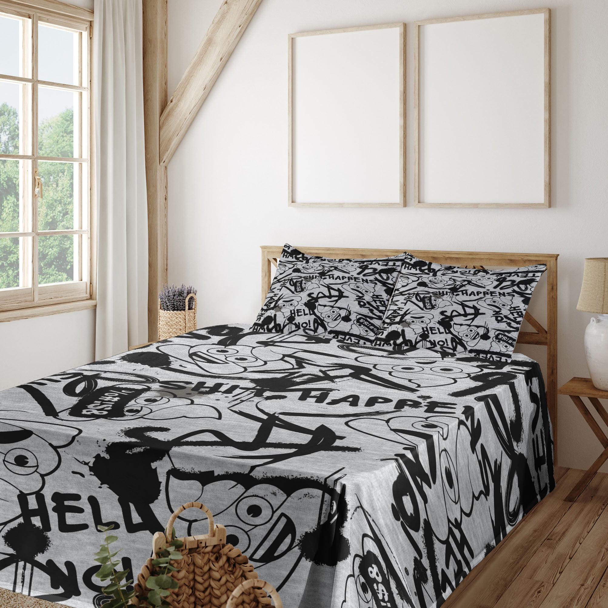 Ambesonne Poop Emoji Fitted & Top Sheet Set with Sham, Graffiti Pile of ...