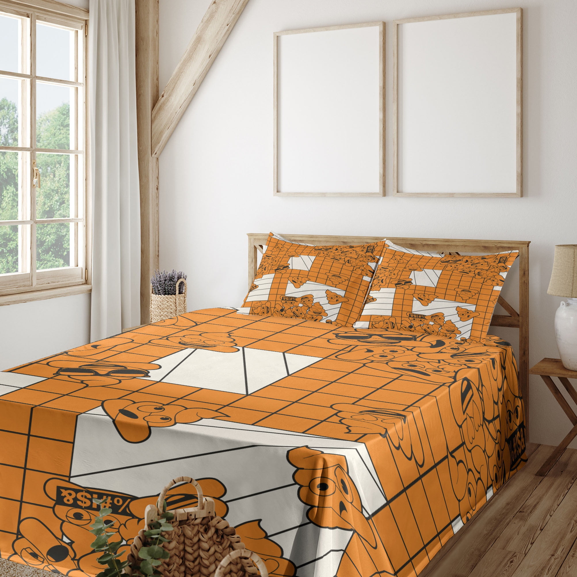 Ambesonne Poop Emoji Fitted & Top Sheet Set with Shams, Outline Style ...