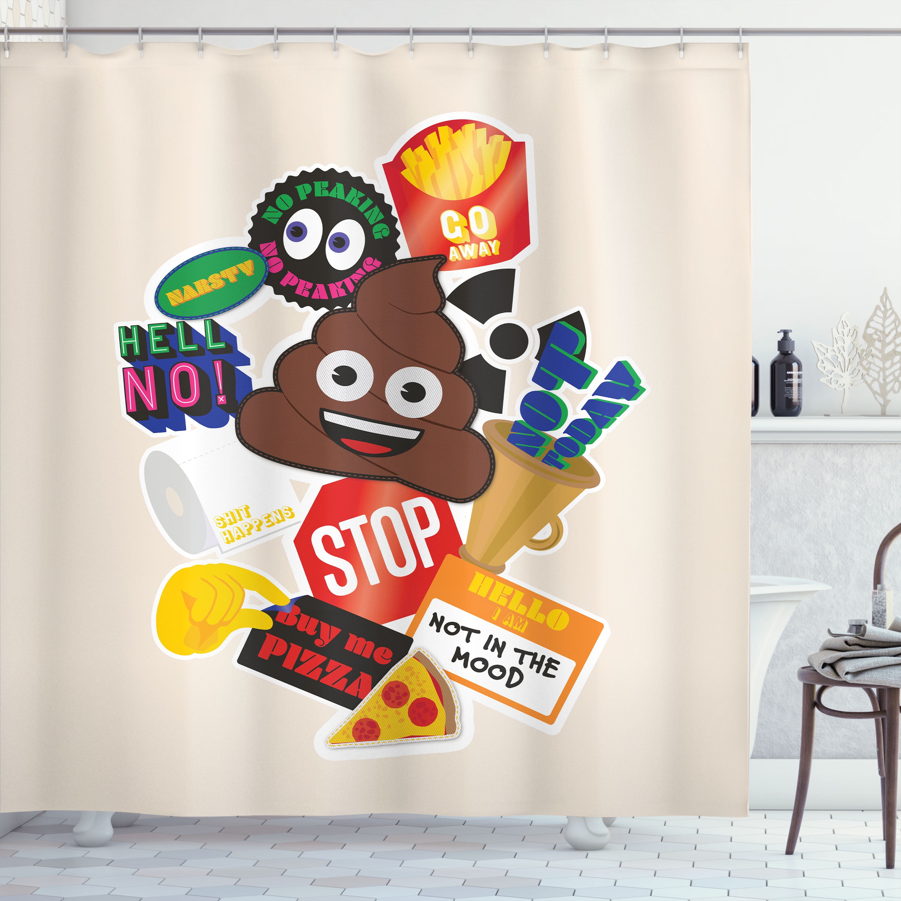 Ambesonne Poop Emoji Shower Curtain, Not in the Mood Cartoon, 69"Wx84"L ...