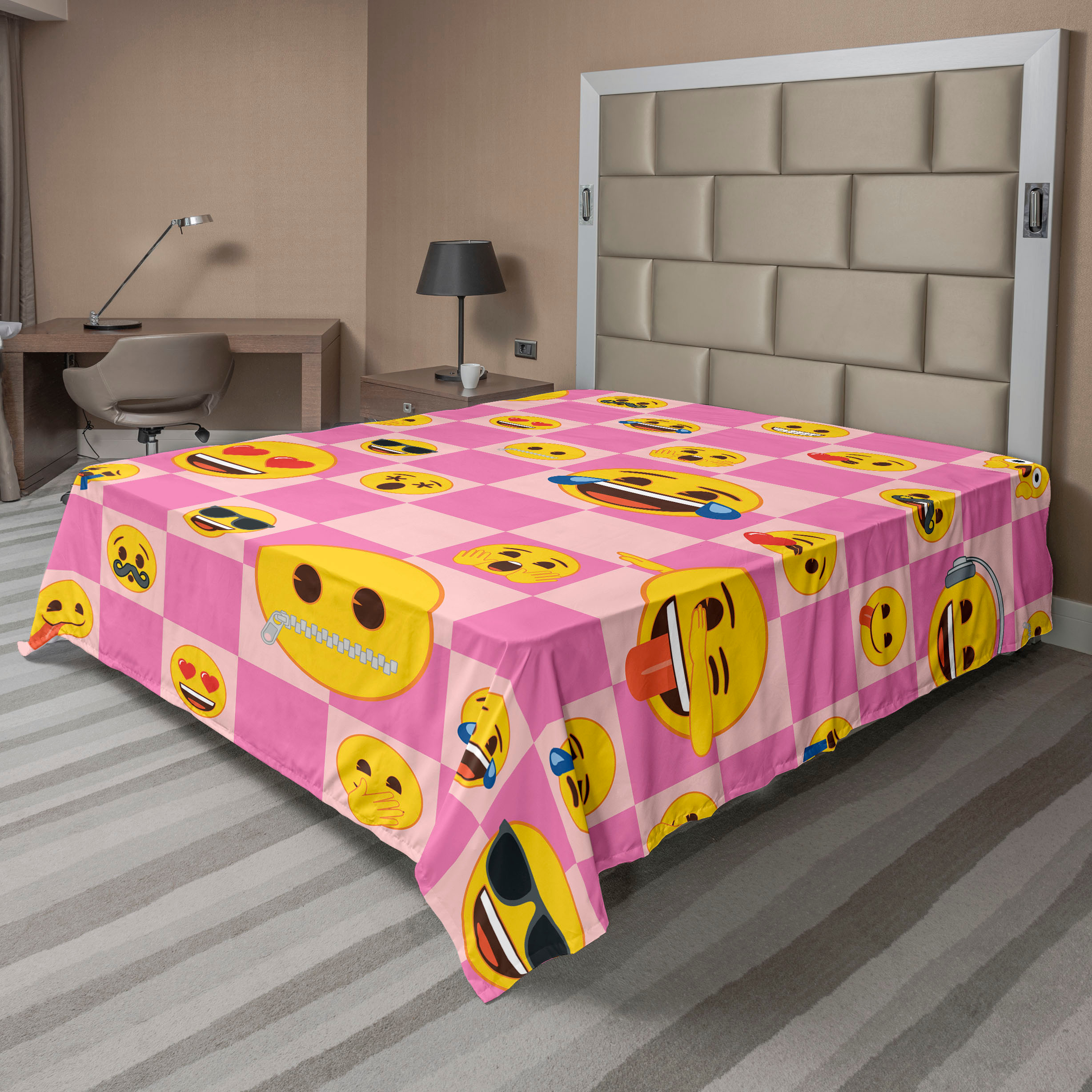 Ambesonne Pop Art Emoji Flat Sheet, Check Back Fun Faces, Queen Size ...