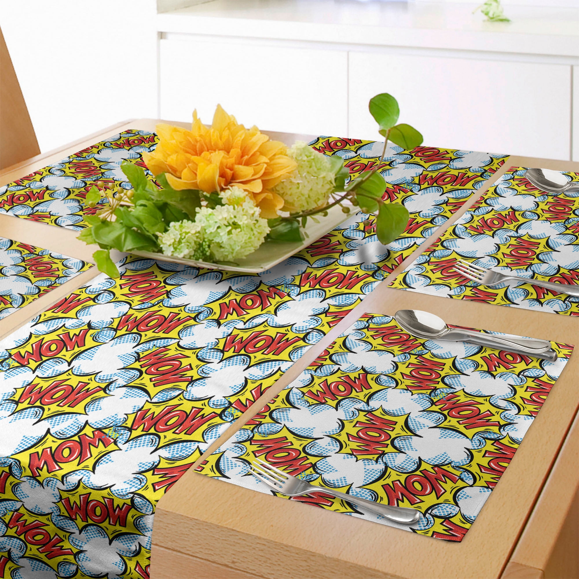 Ambesonne Pop Art Table Runner & Placemats, Wow Word as Comics Speech ...