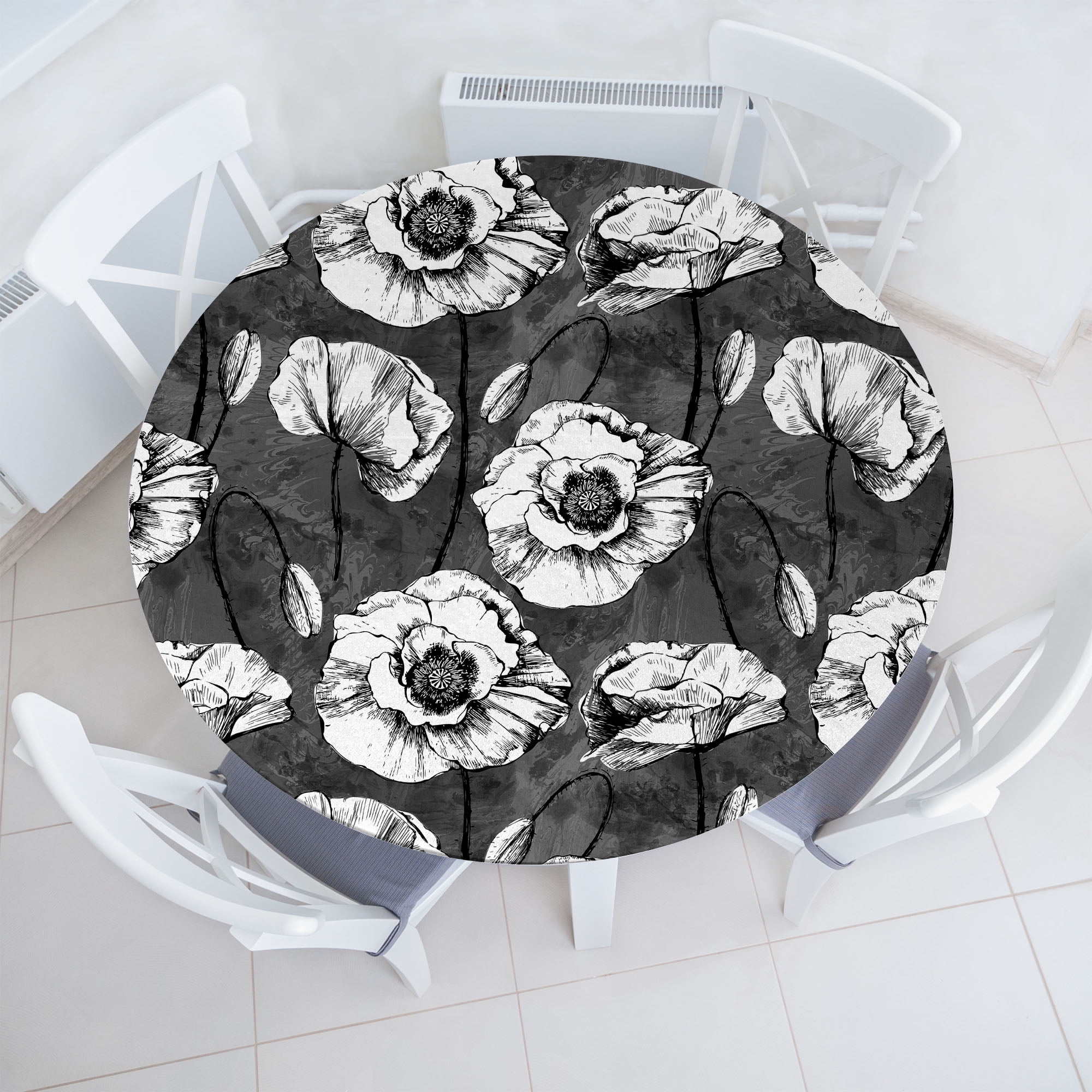Ambesonne Poppy Fitted Round Tablecloth, Blossoming Vintage Poppies, 45 ...