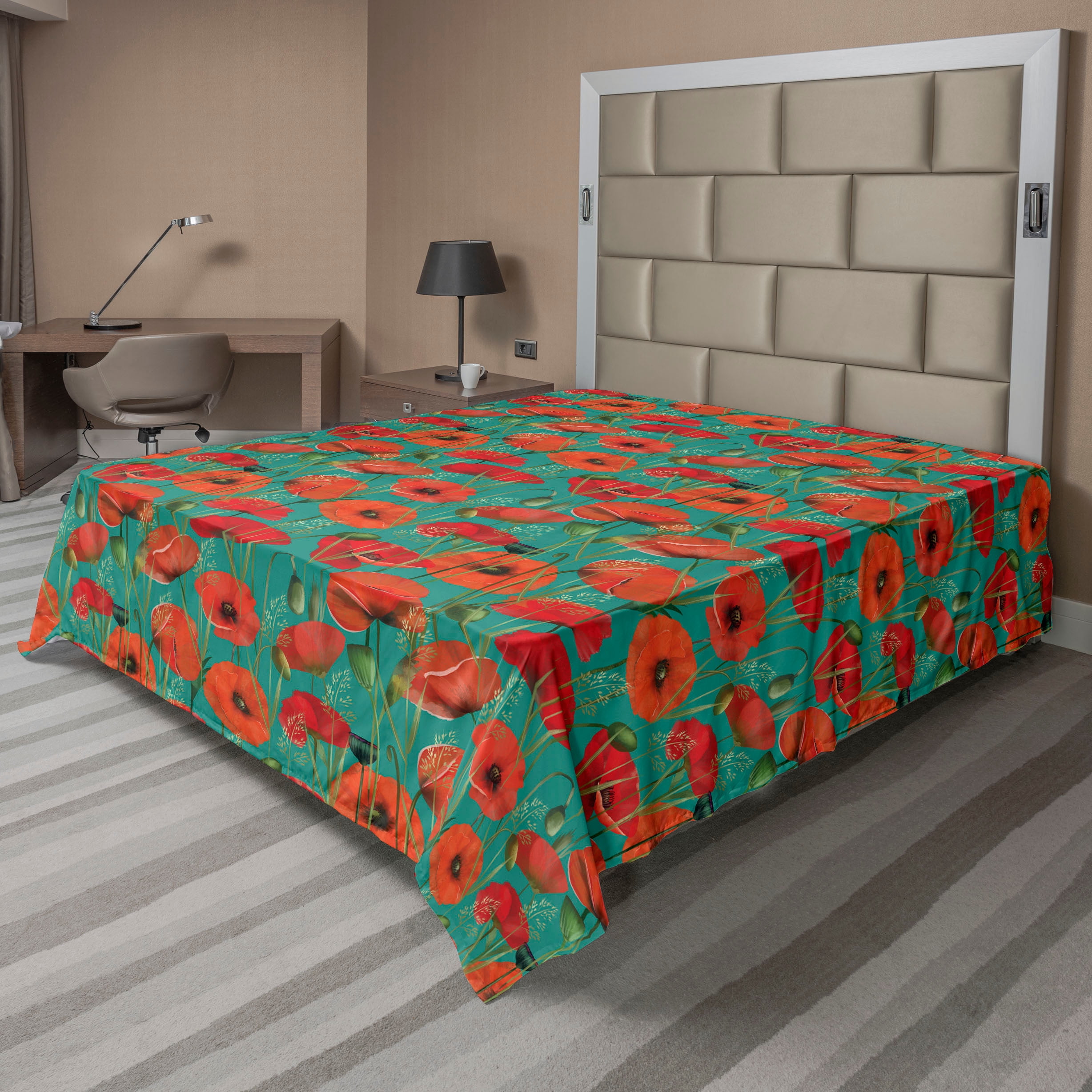 Ambesonne Poppy Flat Bedding Sheet Soft Top Sheet, Retro Meadow Flowers ...