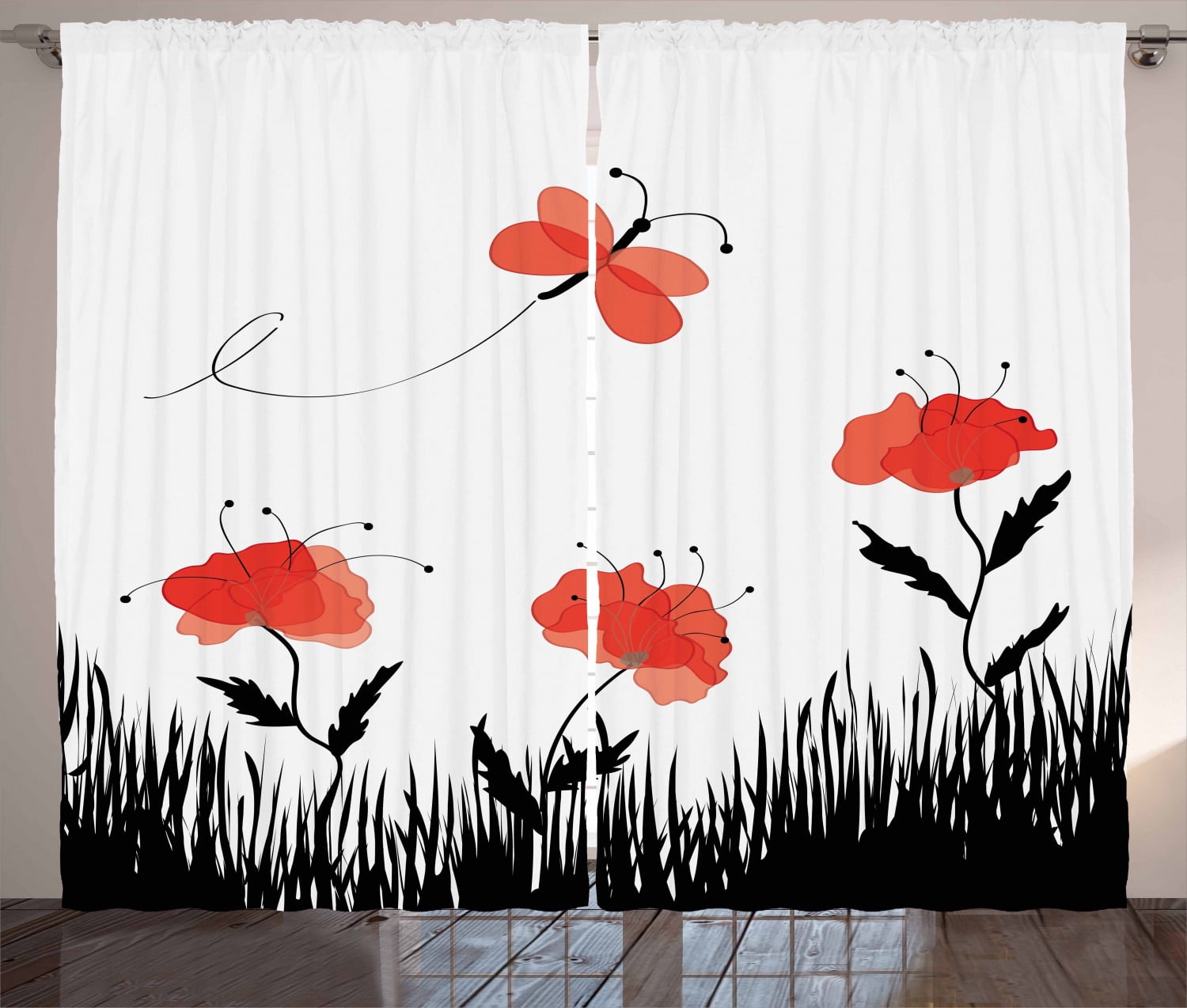 Ambesonne Poppy Flower Curtains 2 Panel Set, Abstract Pastoral, 108" x ...