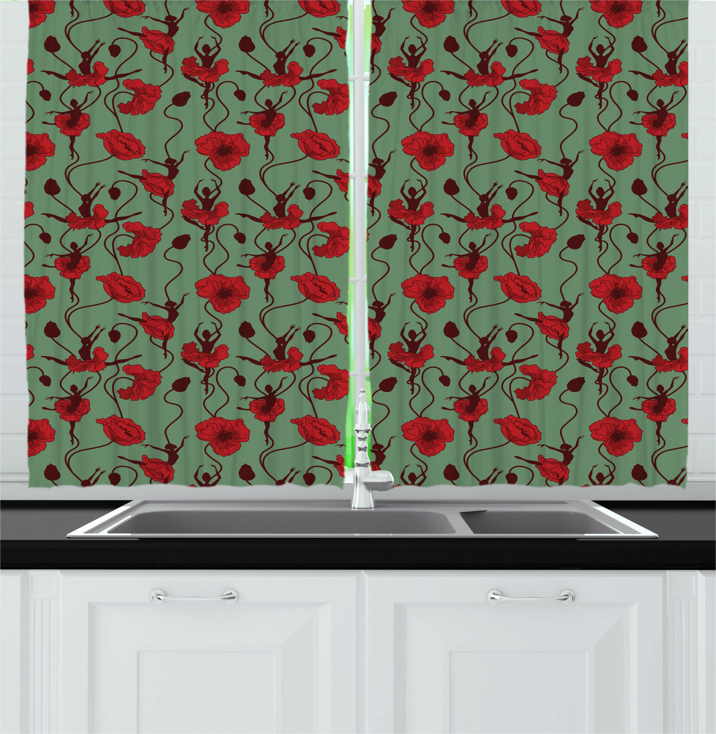Ambesonne Poppy Flower Kitchen Curtains, Ballerina Style Twigs, 55"x39 ...