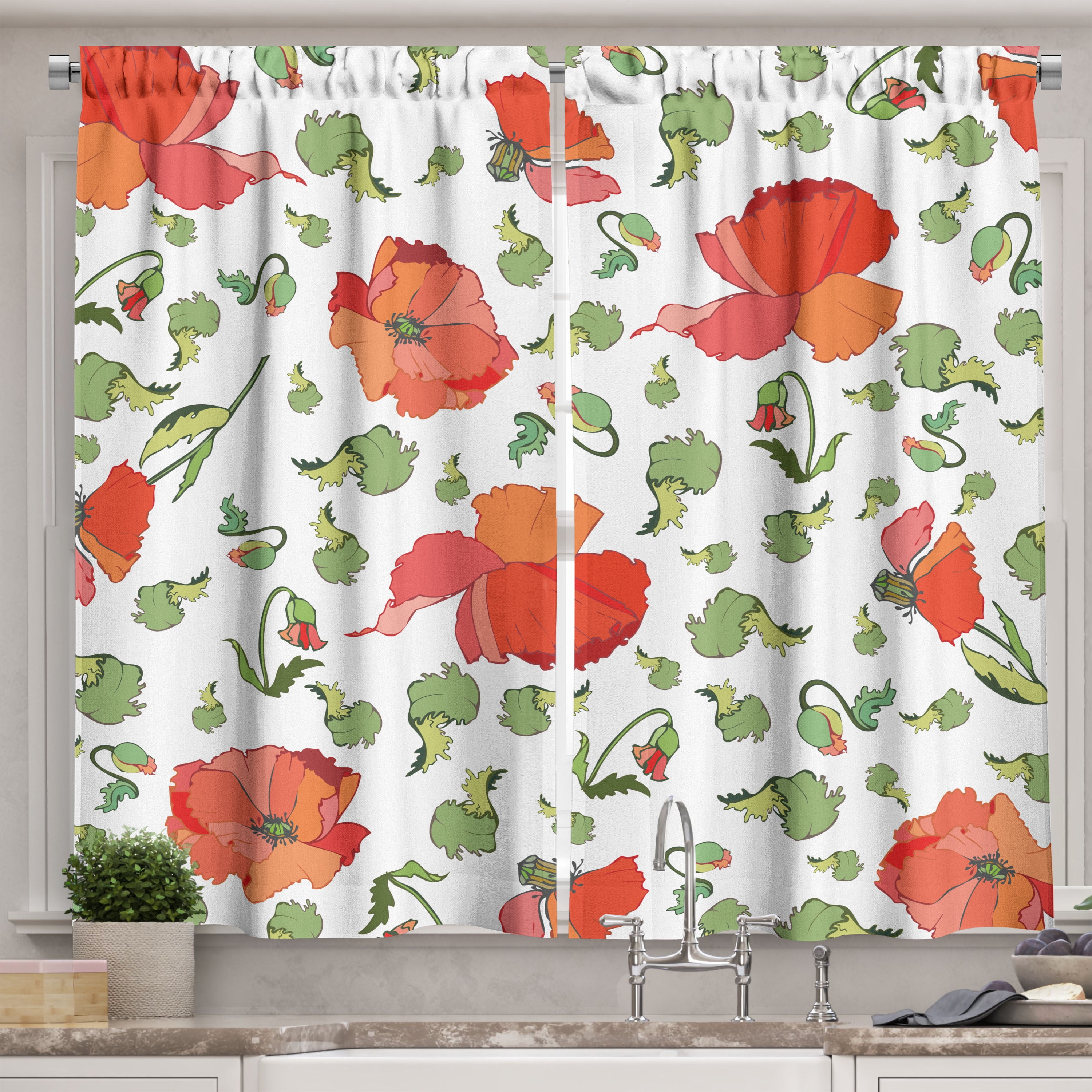 Ambesonne Poppy Flower Kitchen Curtains, Buds Blossoms Leaves, 55"x39 ...
