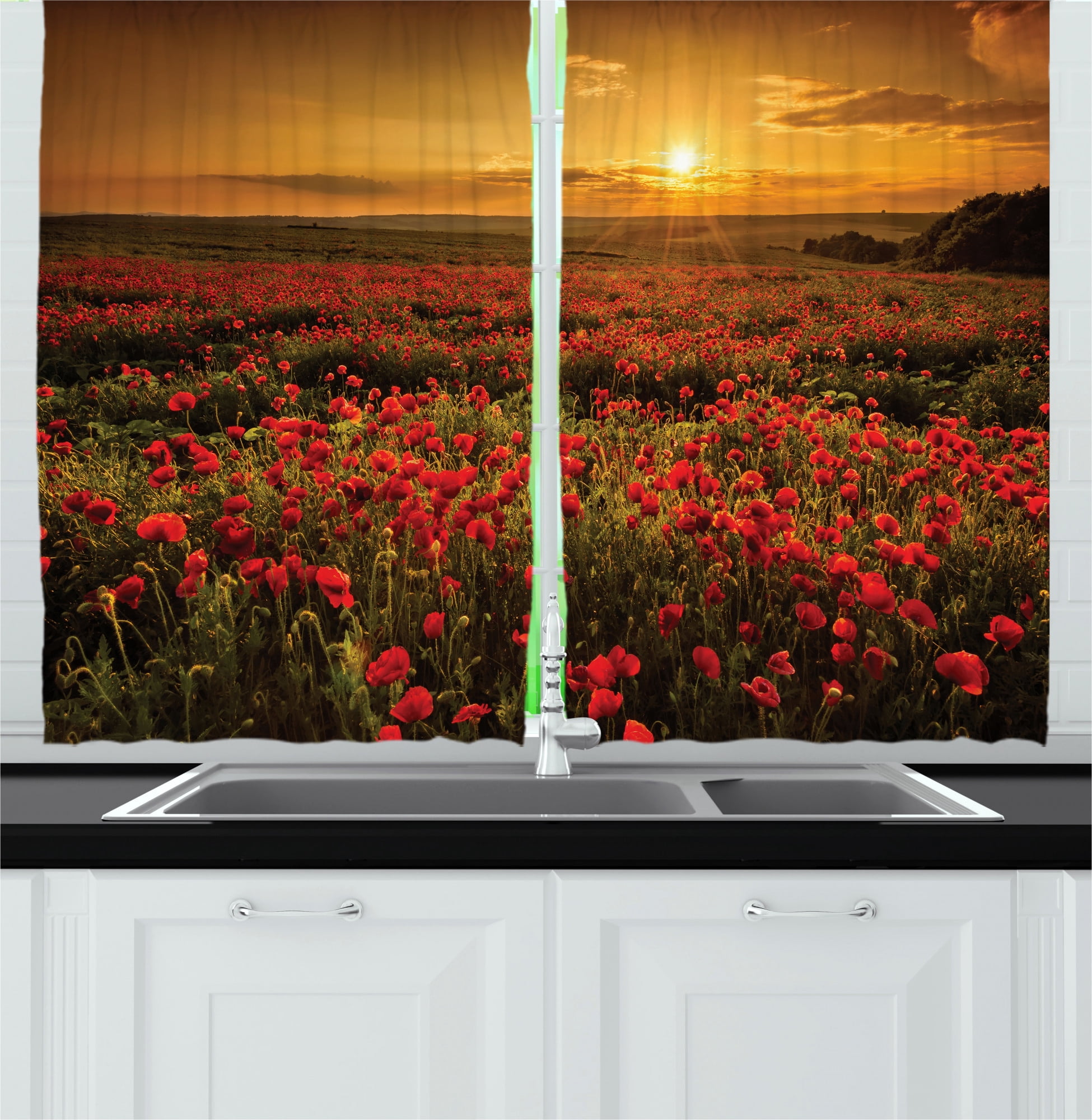 Ambesonne Poppy Flower Kitchen Curtains, Sunset Meadow Farmland, 55"x45 ...