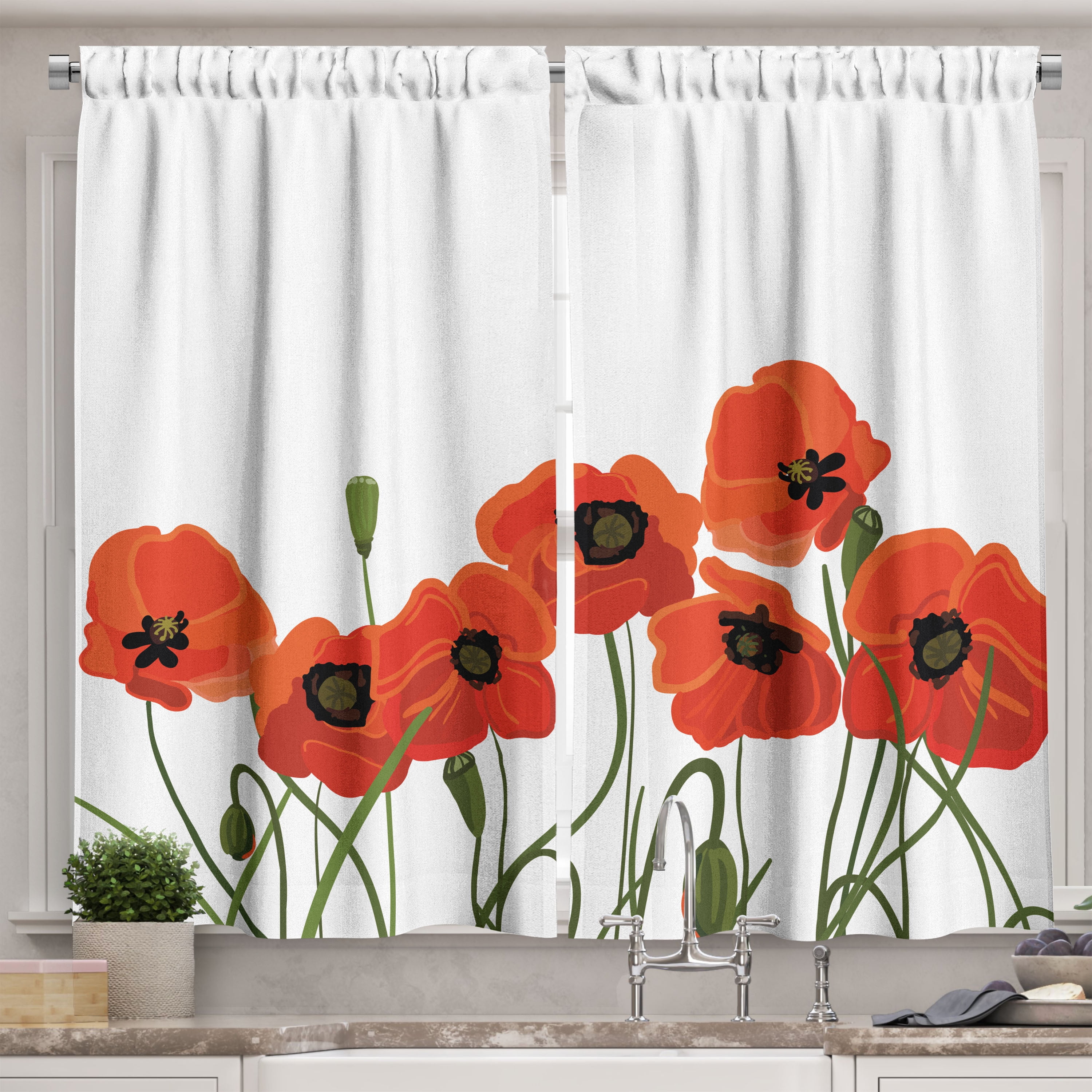 Ambesonne Poppy Flower Kitchen Curtains, Vibrant Bloom Bouquet, 55"x39 ...