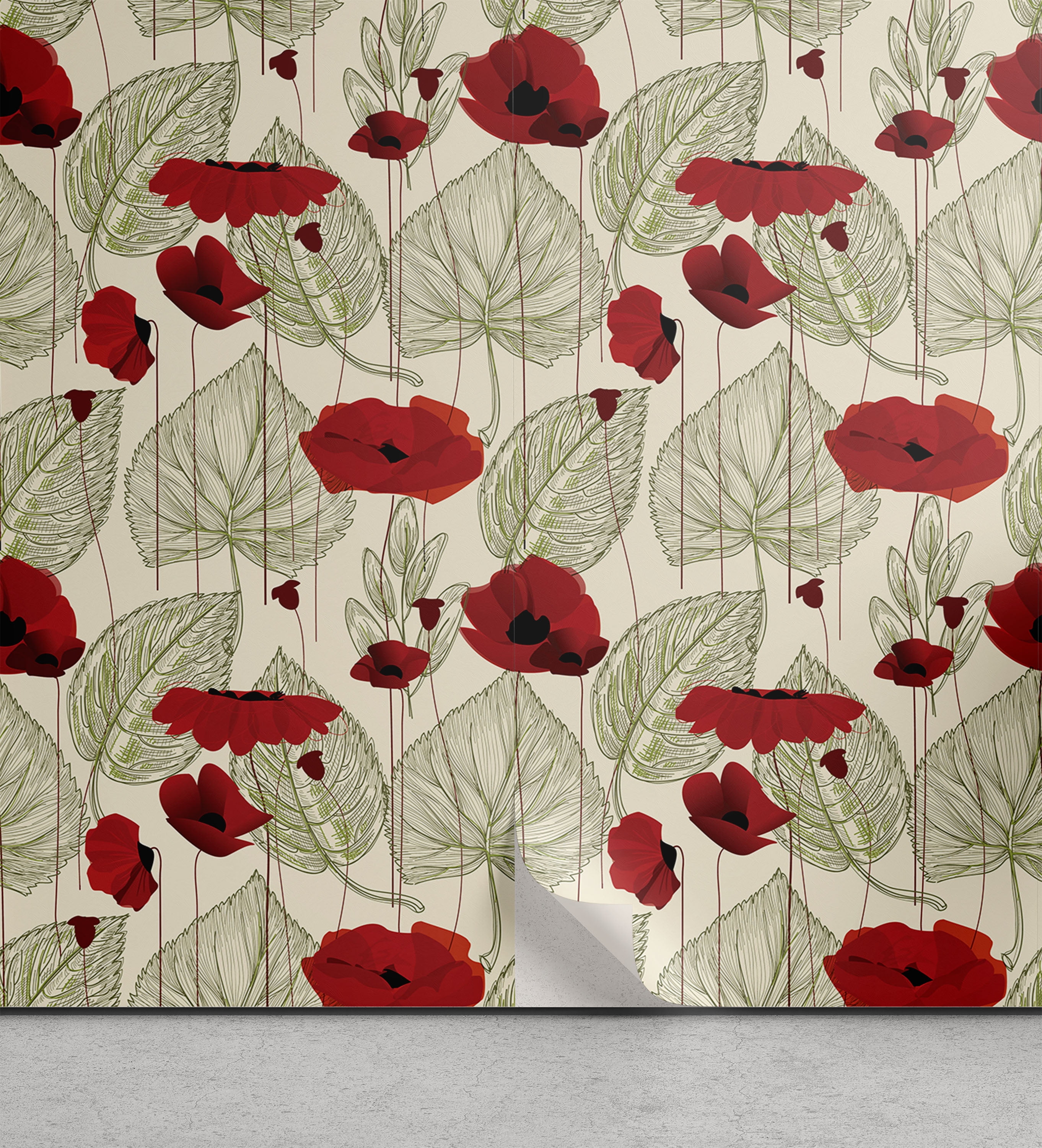 Ambesonne Poppy Flower Peel & Stick Wallpaper for Home, Sketch Leaves ...