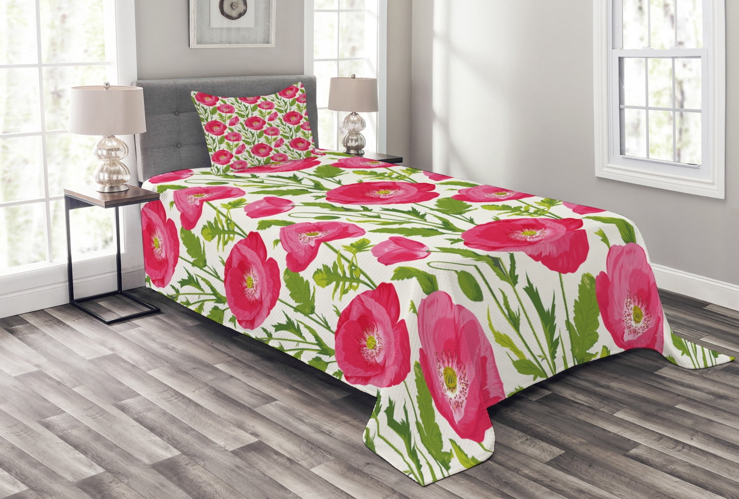 Ambesonne Poppy Flower Quilted Bedspread Set 2 Pcs, Leaves Petals ...