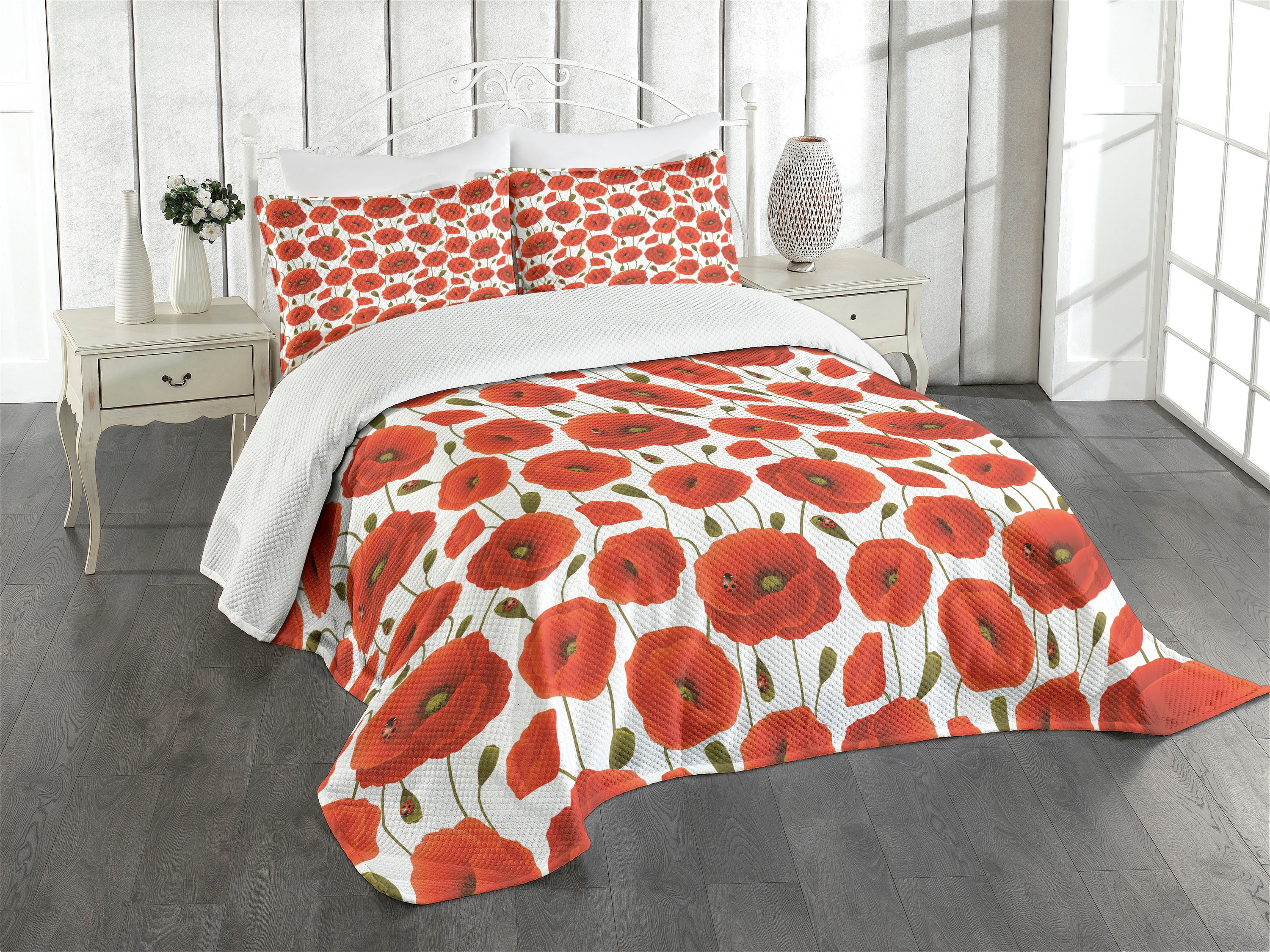 Ambesonne Poppy Flower Quilted Bedspread Set 3 Pcs, Floral Blossom ...