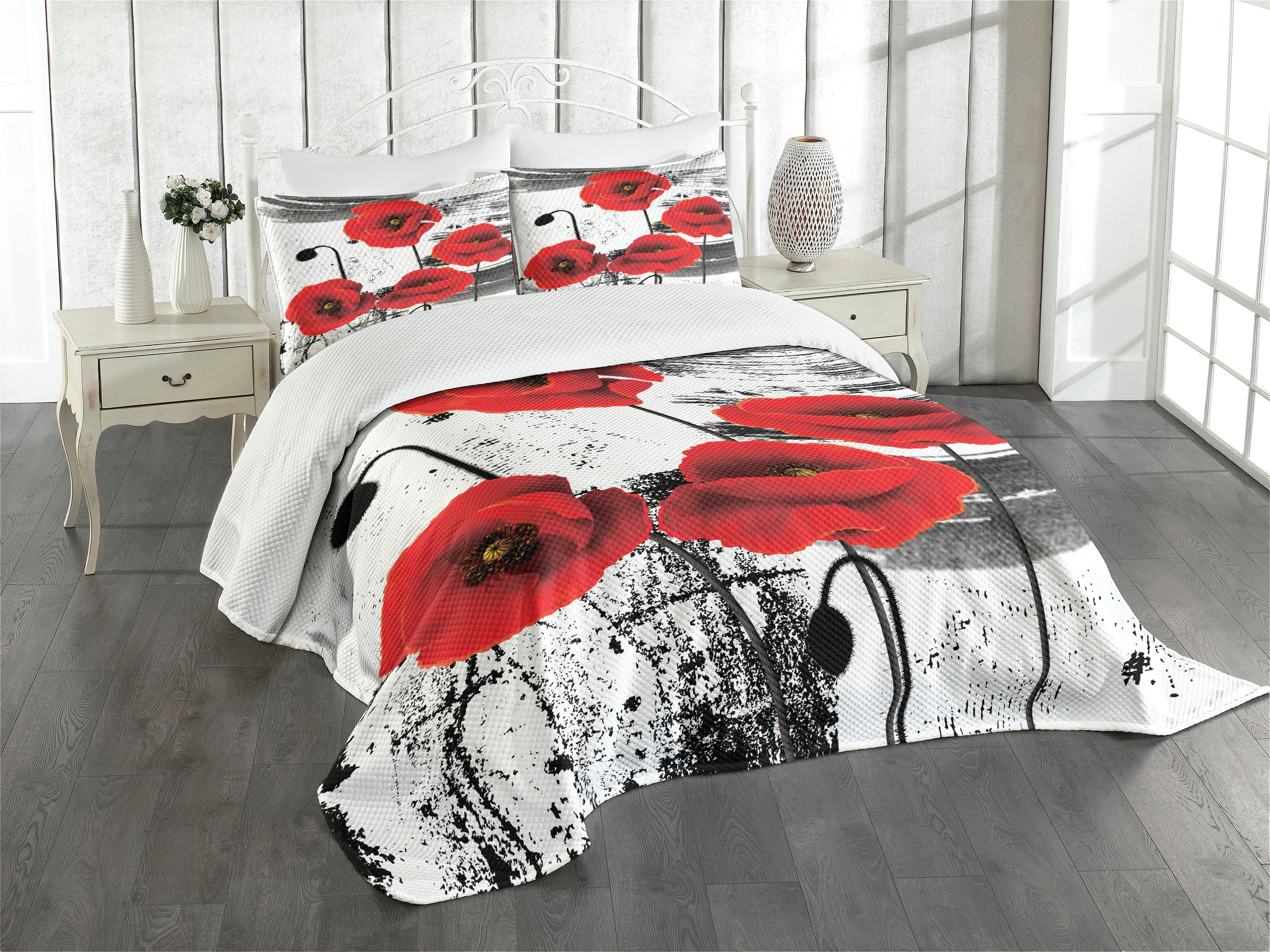 Ambesonne Poppy Flower Quilted Bedspread Set 3 Pcs, Grunge Brush ...