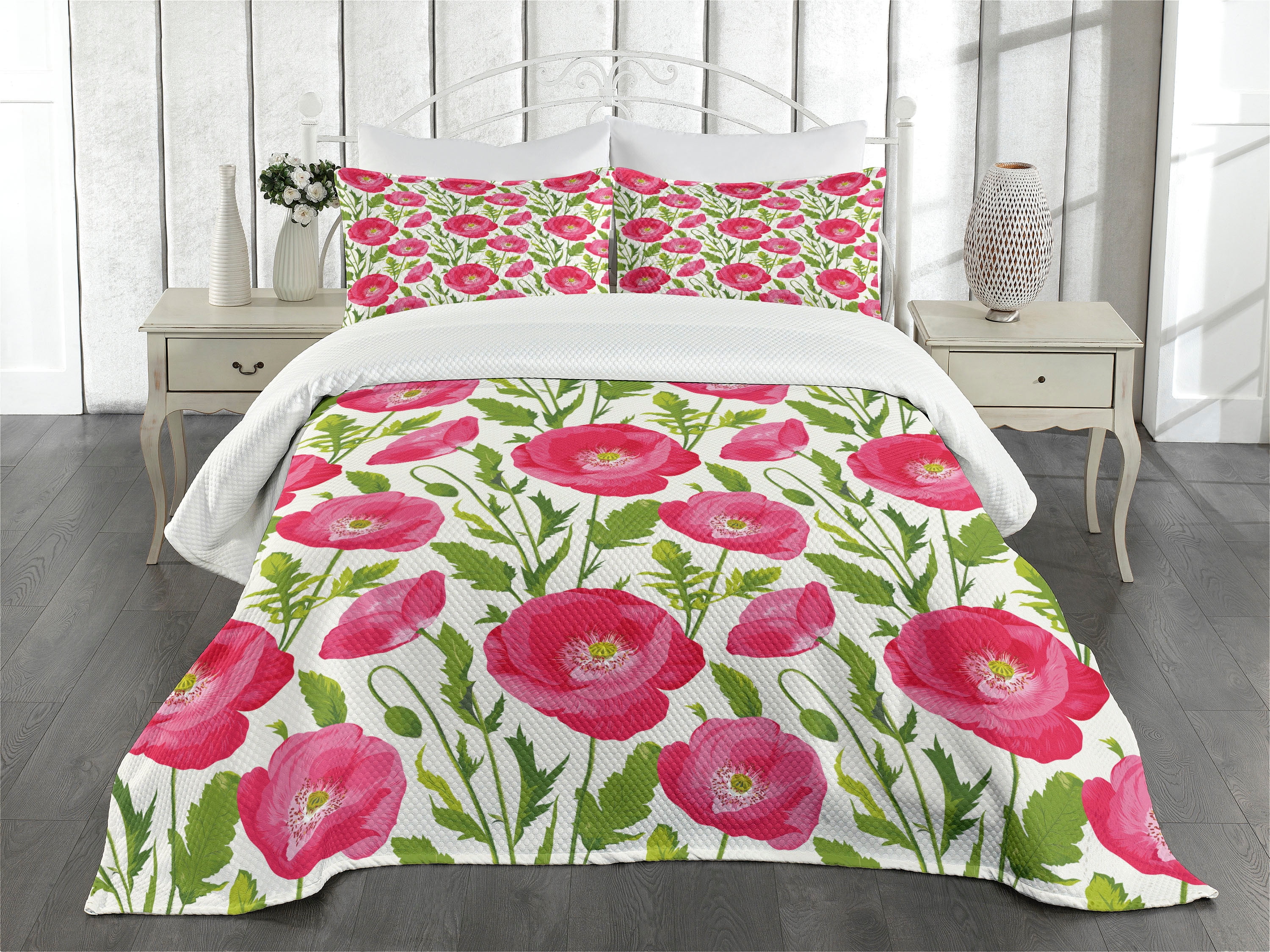Ambesonne Poppy Flower Quilted Bedspread Set 3 Pcs, Leaves Petals ...