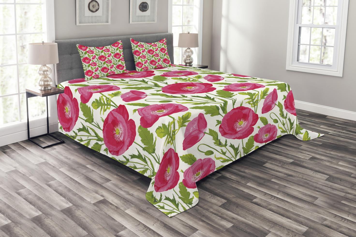 Ambesonne Poppy Flower Quilted Bedspread Set 3 Pcs, Leaves Petals ...