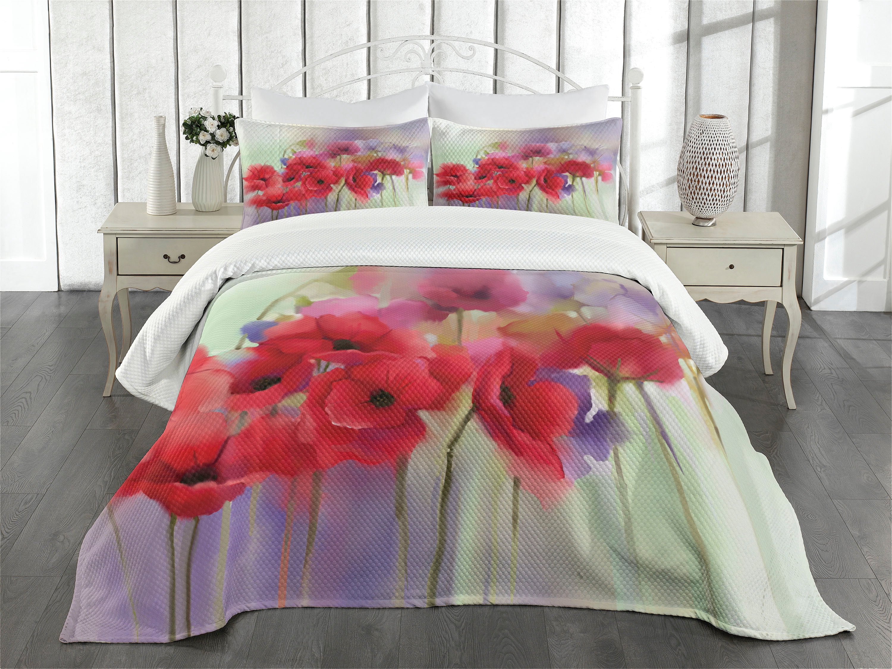 Ambesonne Poppy Flower Quilted Bedspread Set 3 Pcs, Spring Flowers ...