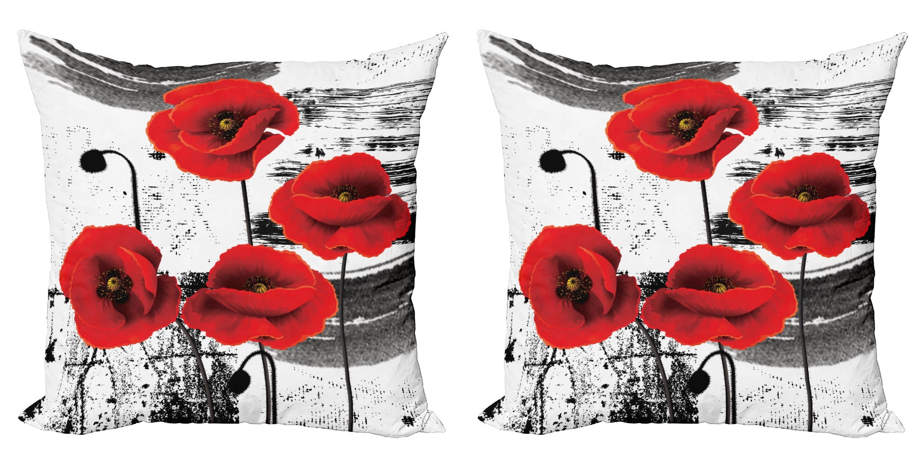 Ambesonne Poppy Flower Throw Pillow Cover 2 Pack, Grunge Brush Flowers ...