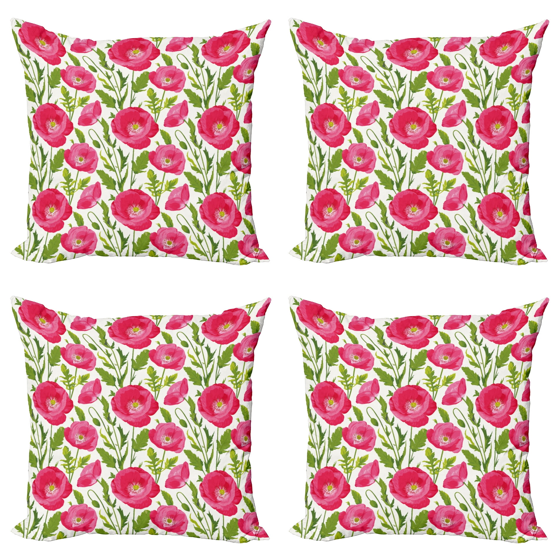 Ambesonne Poppy Flower Throw Pillow Cover 4 Pack, Leaves Petals Romance ...